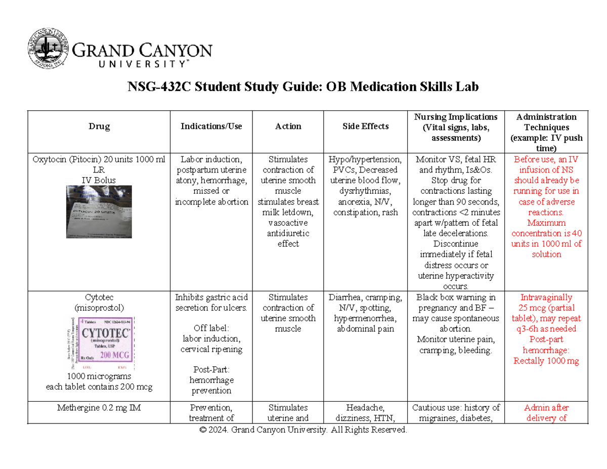 432 med list - NSG-432C Student Study Guide: OB Medication Skills Lab ...