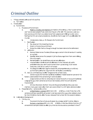 Criminal Law Outline - 3 - I) INTRODUCTION A) Criminal Law vs. Tort Law ...