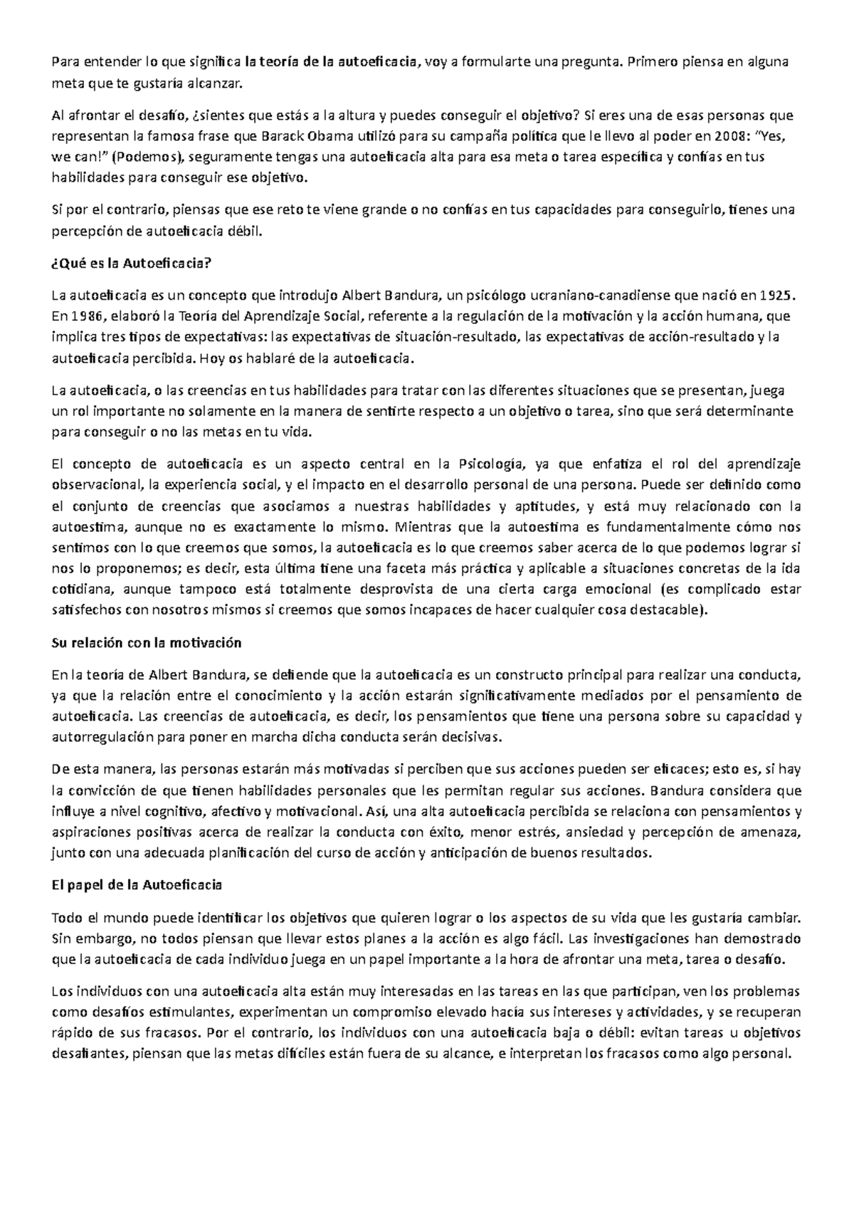 Teoria DE LA Autoeficacia Albert Bandura - Para entender lo que ...