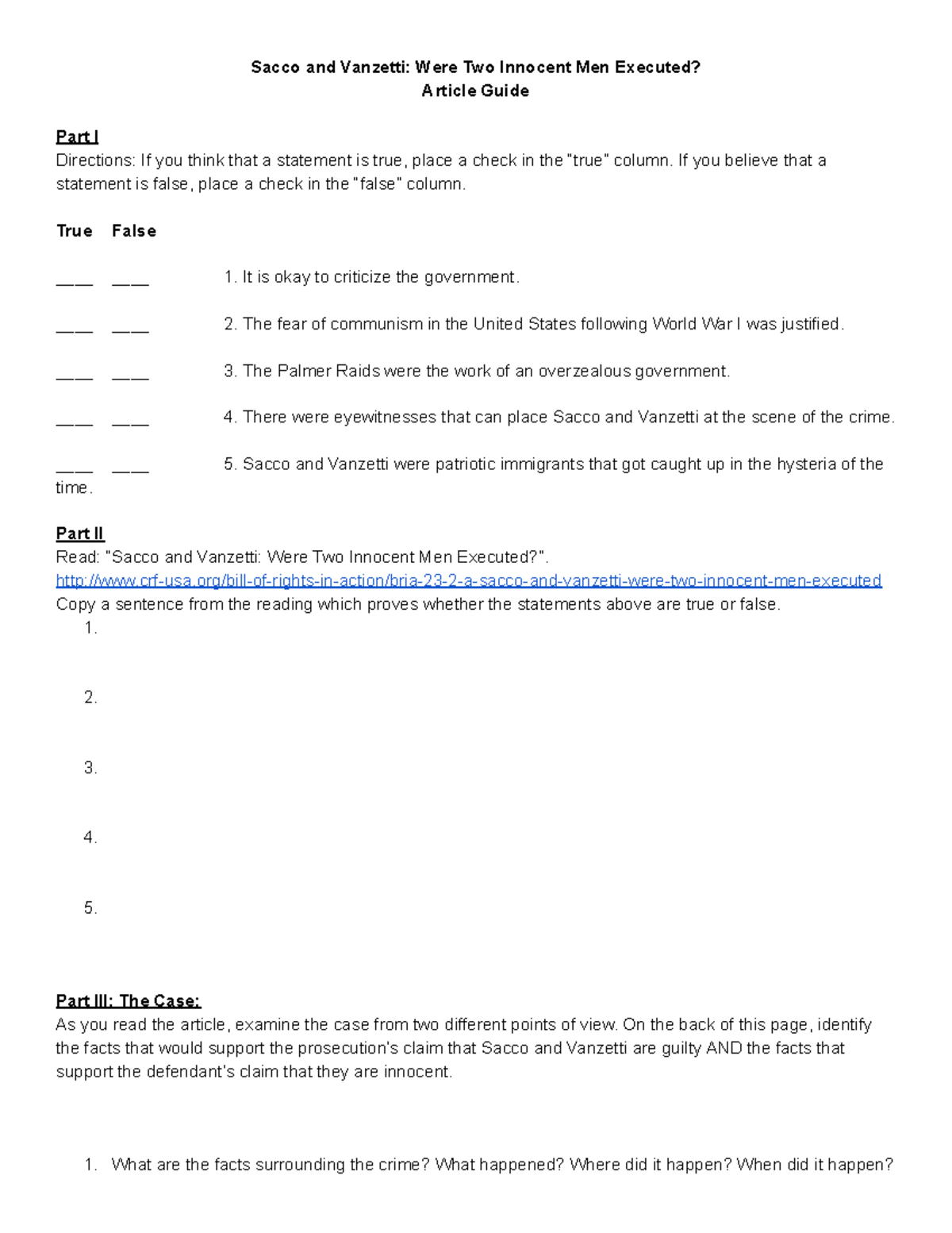 Sacco and Vanzetti - If you believe that a statement is false, place a ...