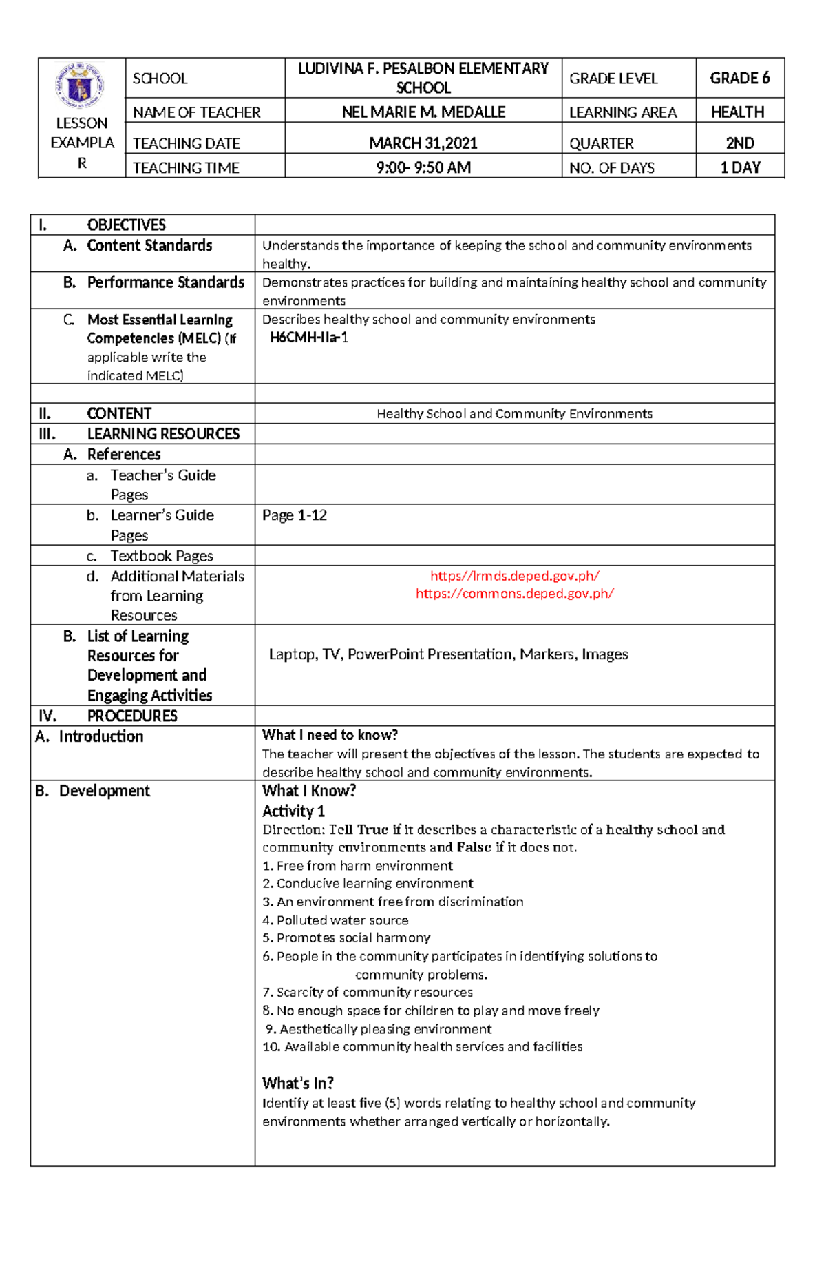 LESSON EXEMPLAR FOR HEALTH 6 QUARTER 2 ( HEALTHY SCHOOL AND COMMUNITY ...