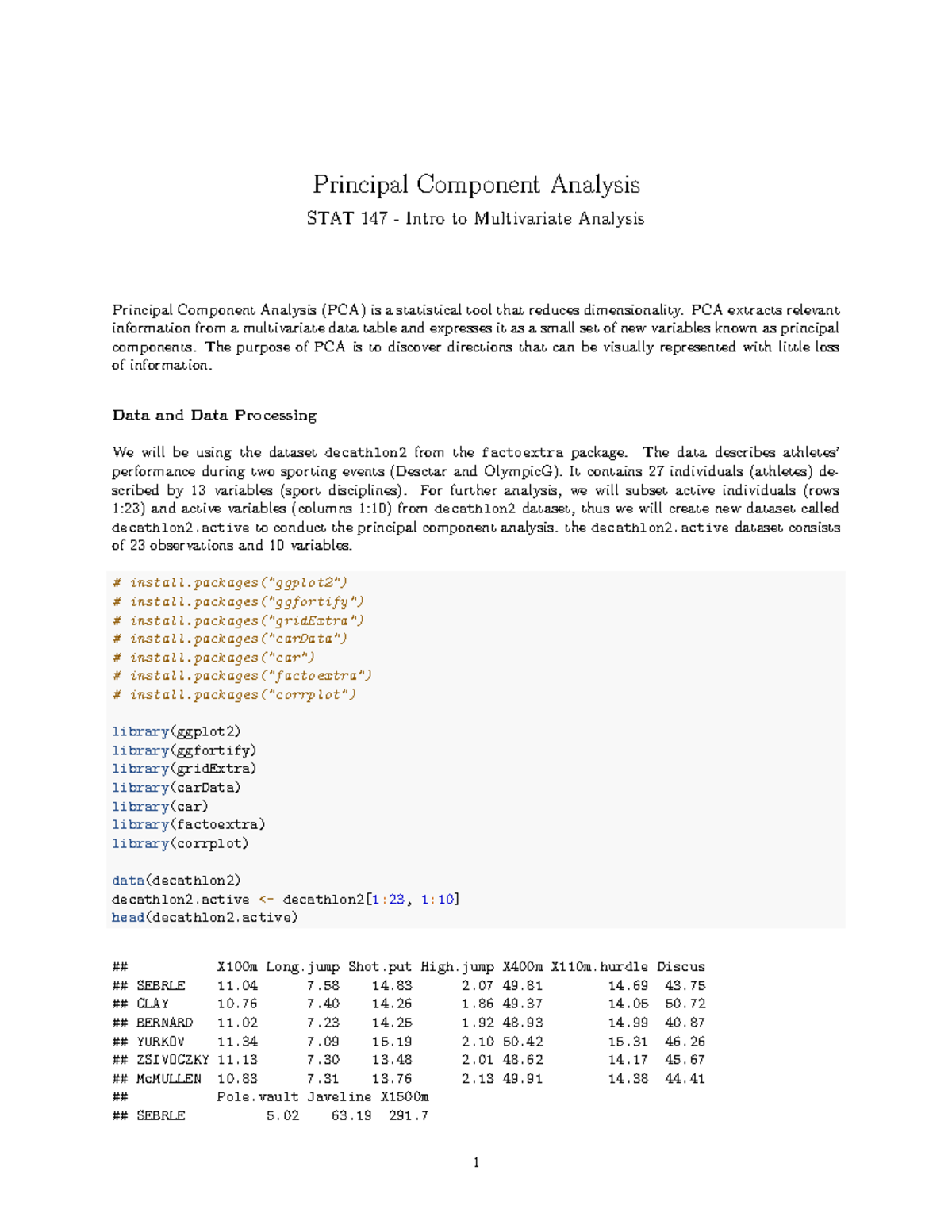 Principal Component Analysis RStudio Example - Principal Component Analysis STAT 147 - Intro to ...