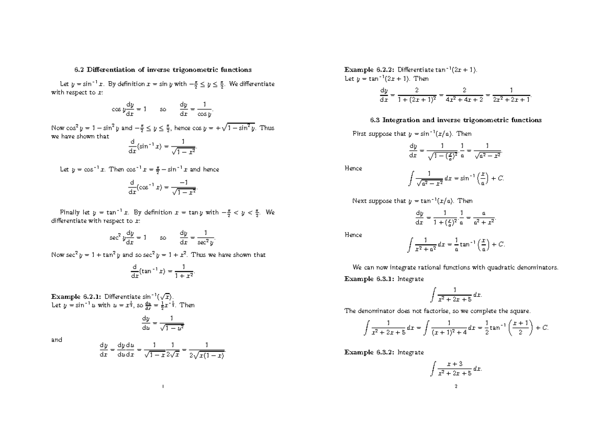 Differentiation of inverse trig functions - 6 Differentiation of ...