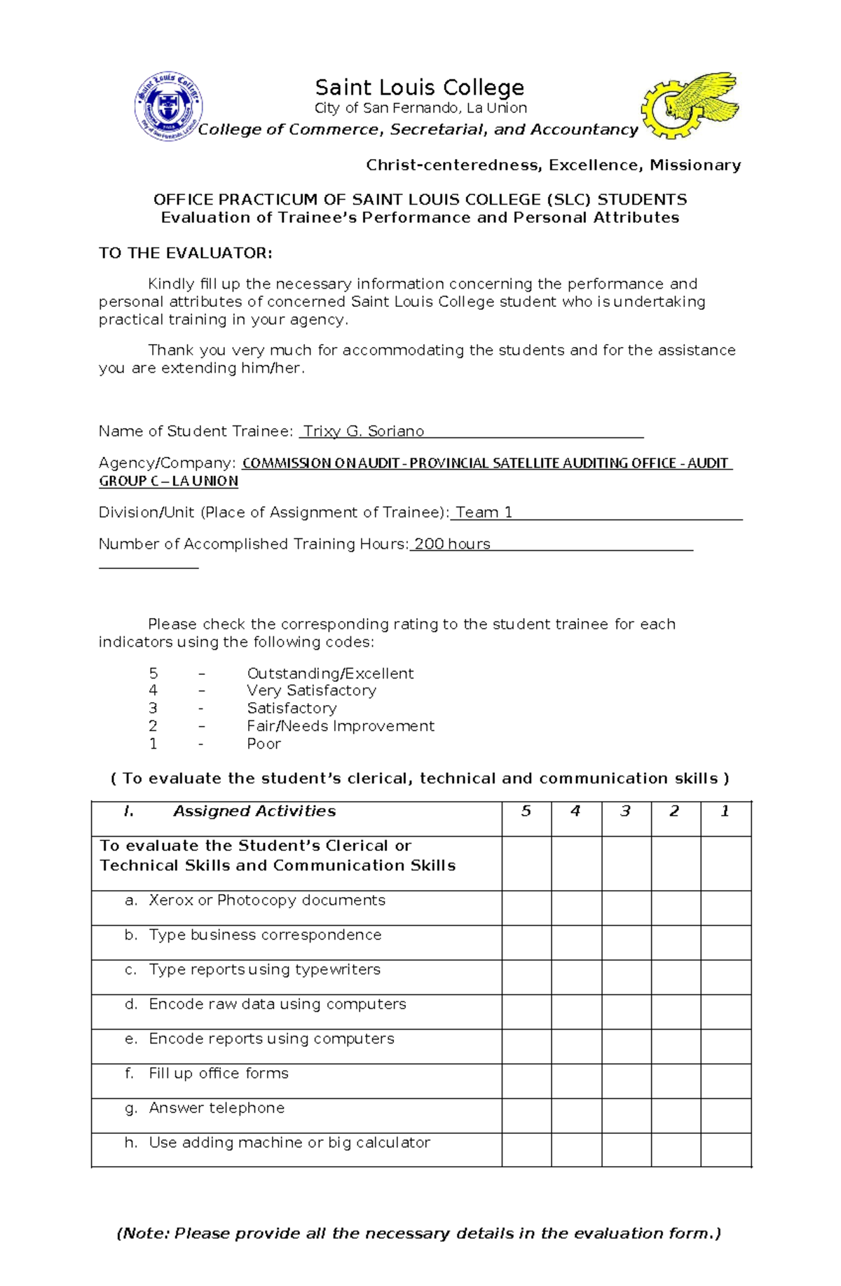 OJT-Evaluation-1 - gyuguy - Saint Louis College City of San Fernando ...