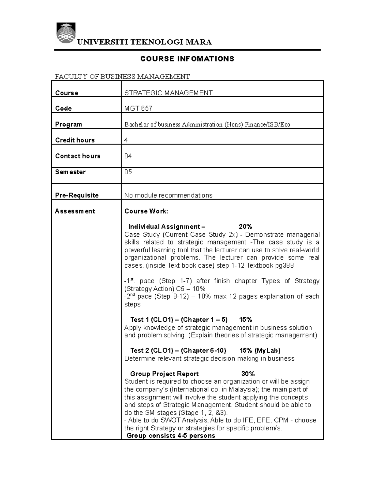 Course Outline - Business in finance - UiTM - Studocu