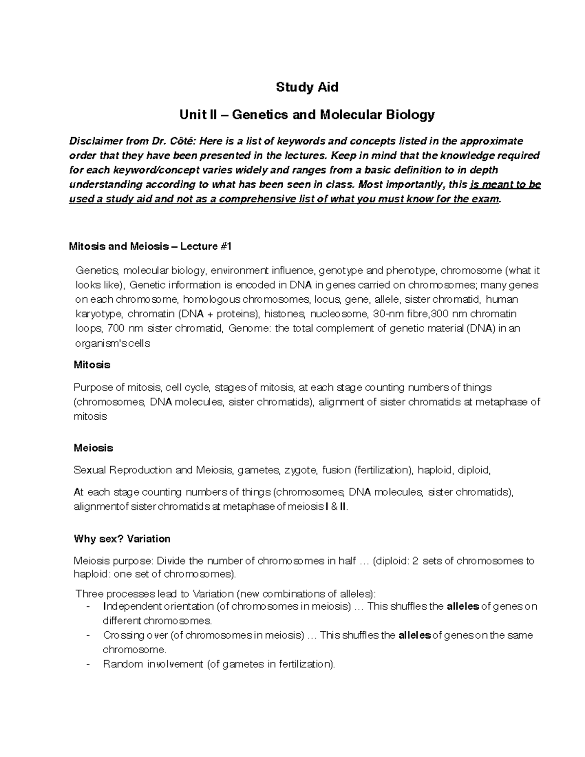 UNIT II Study Aid F23 - Summary Principles of Biology I - Study Aid ...