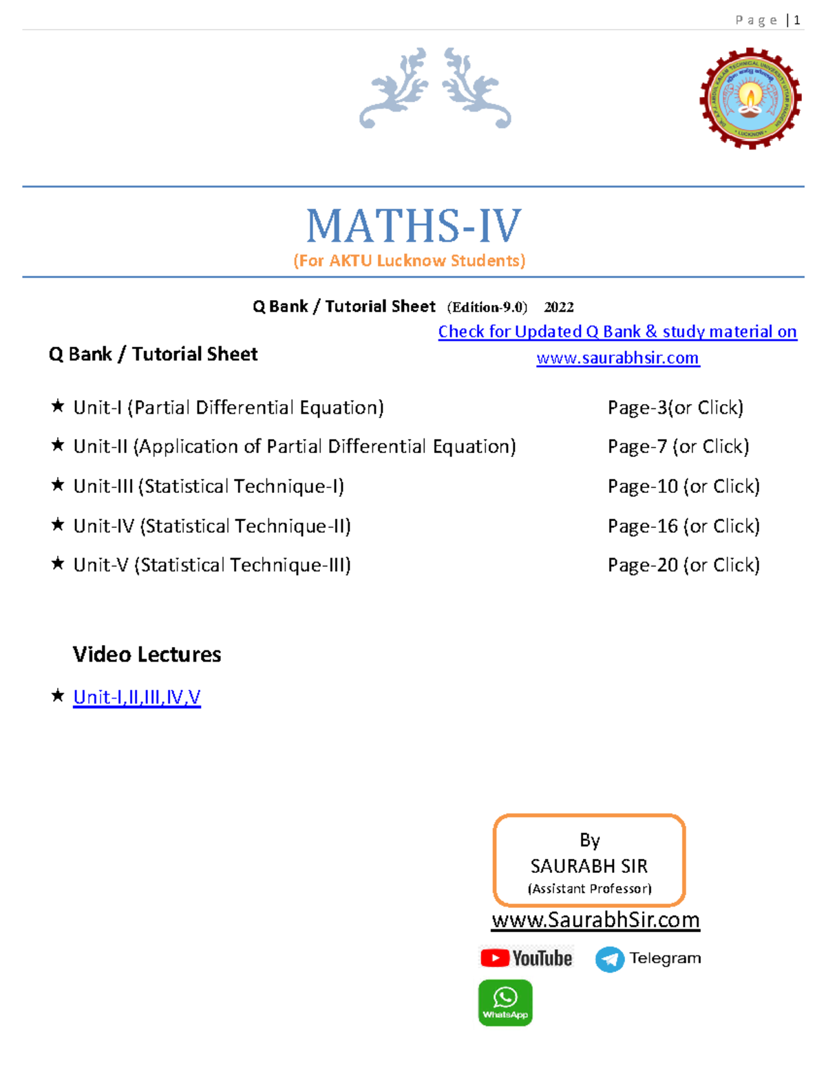 Q Bank Maths IV - P a g e | 1 MATHS-IV Q Bank / Tutorial Sheet (Edition ...