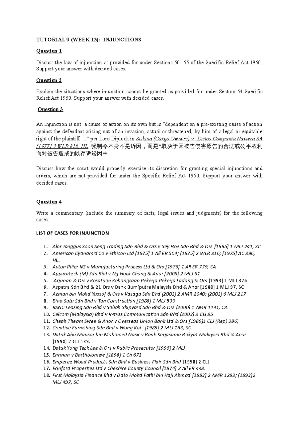 Tutorial 9 (Week13) - Injunction - TUTORIAL 9 (WEEK 13): INJUNCTIONS ...