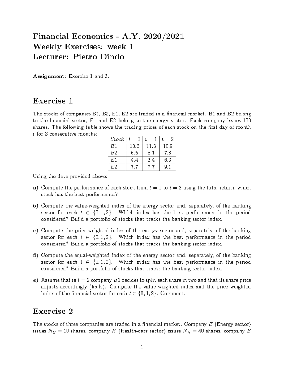 Fe exercises week 1 - Financial Economics - A. 2020/ Weekly Exercises ...