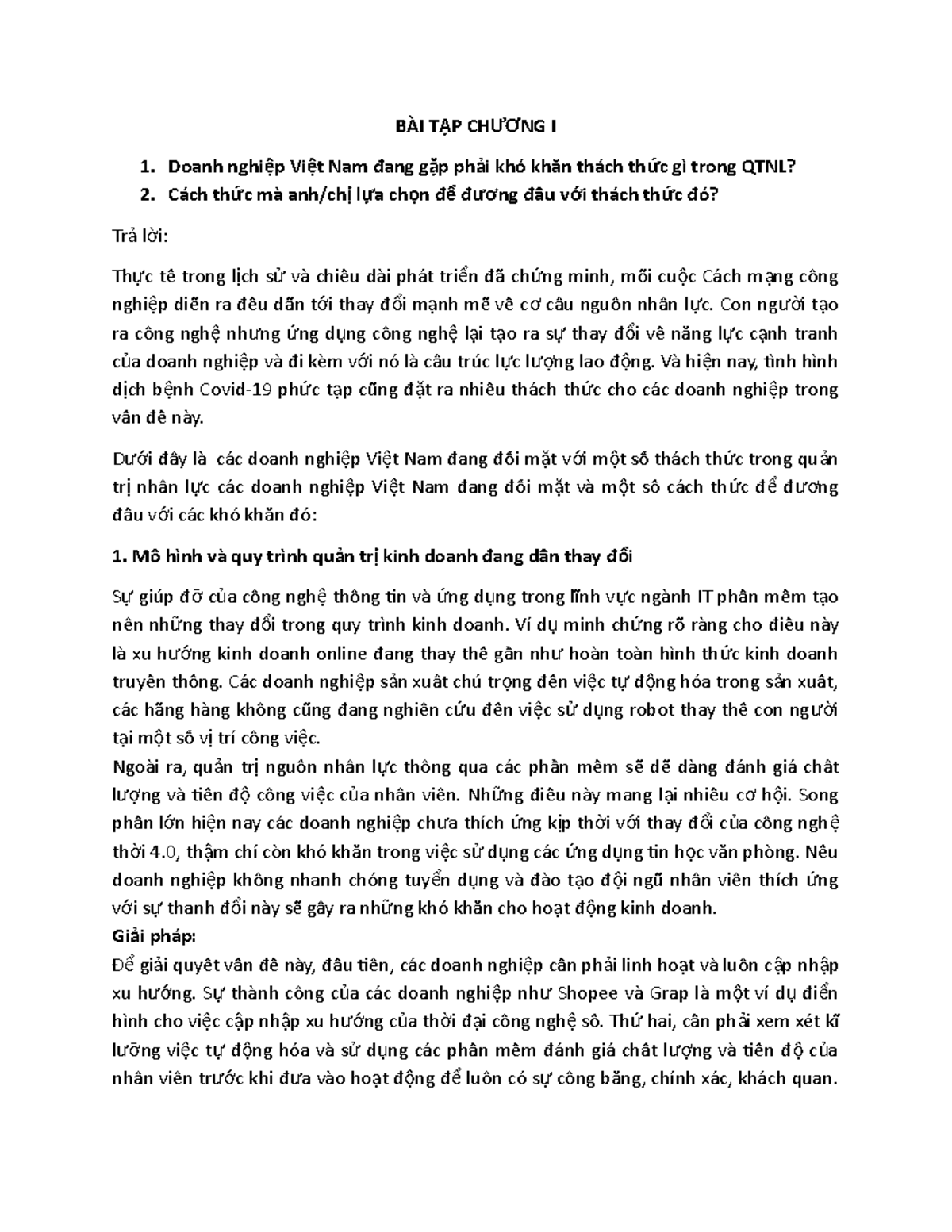 Quản trị nguồn nhân lực - BÀI T P CH NG IẬ ƯƠ 1. Doanh nghi p Vi t Nam đang g p ph i khó khăn ...