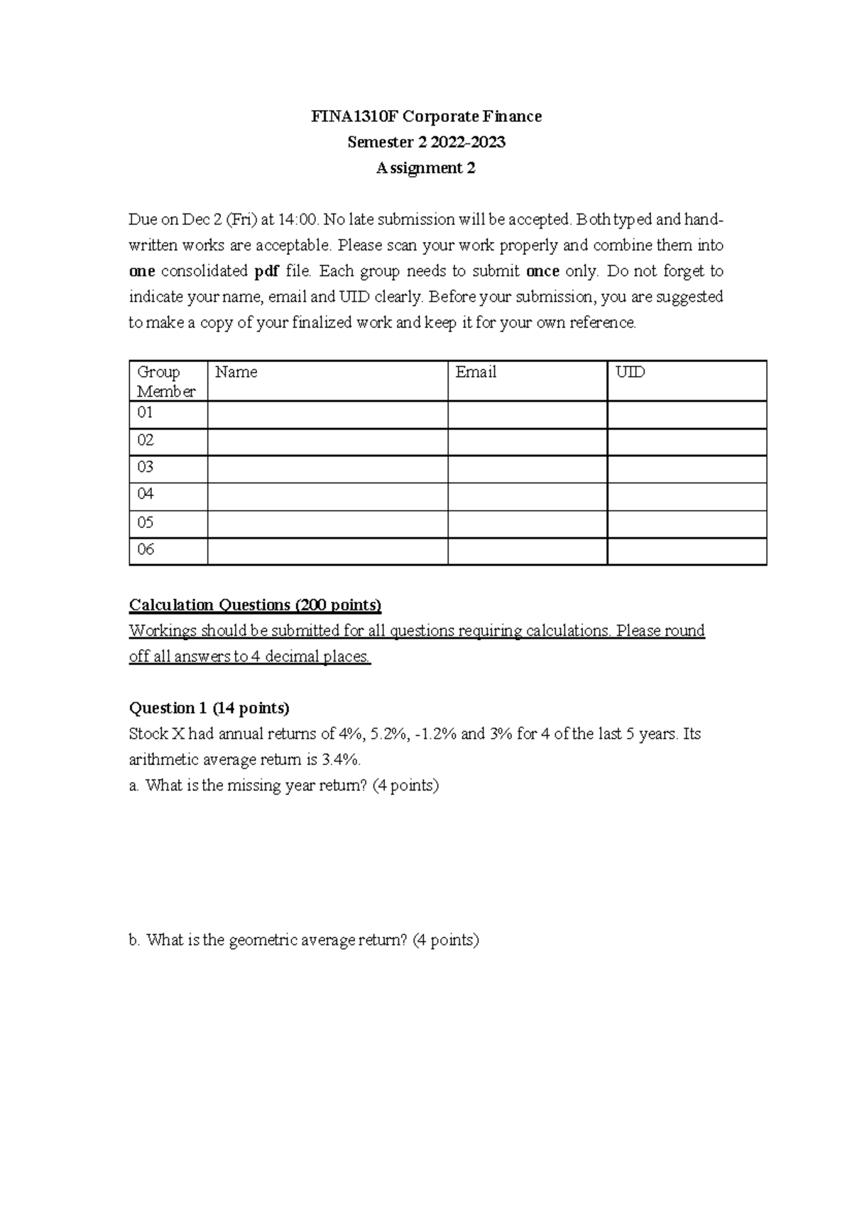 Assignment 2 - good luck! - FINA1310F Corporate Finance Semester 2 2022 ...