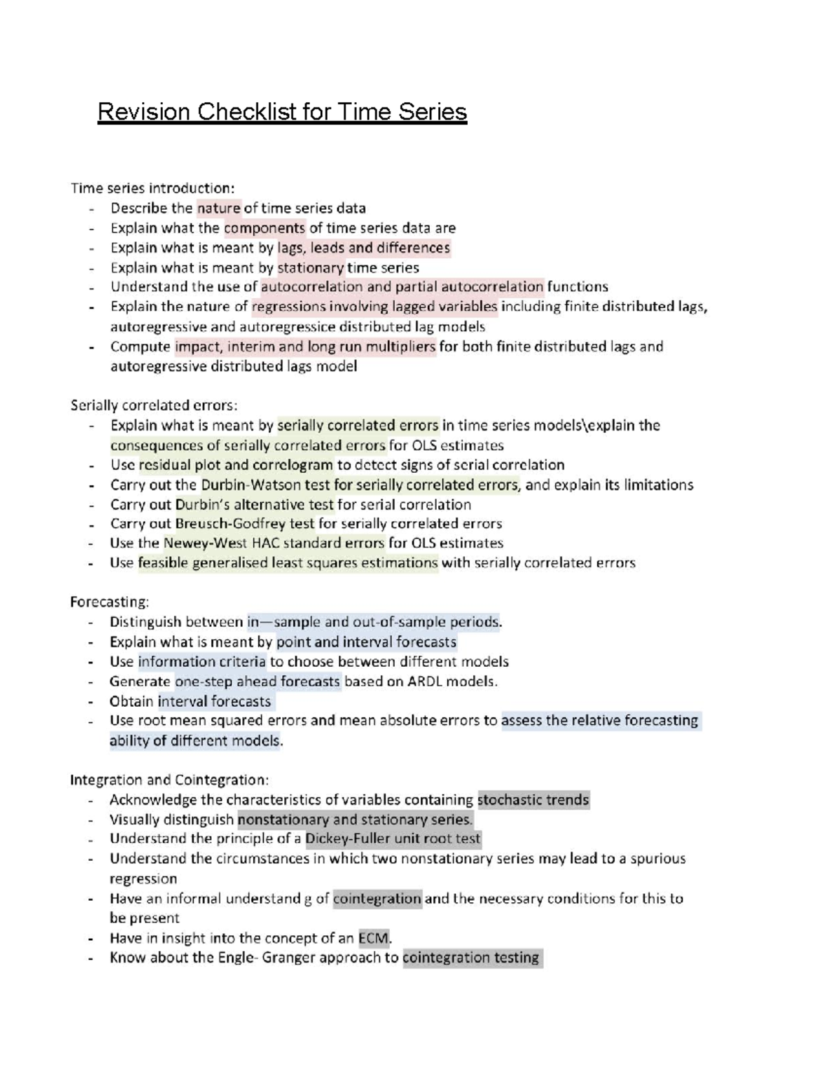 Revision Checklist for Timer Series - Studocu