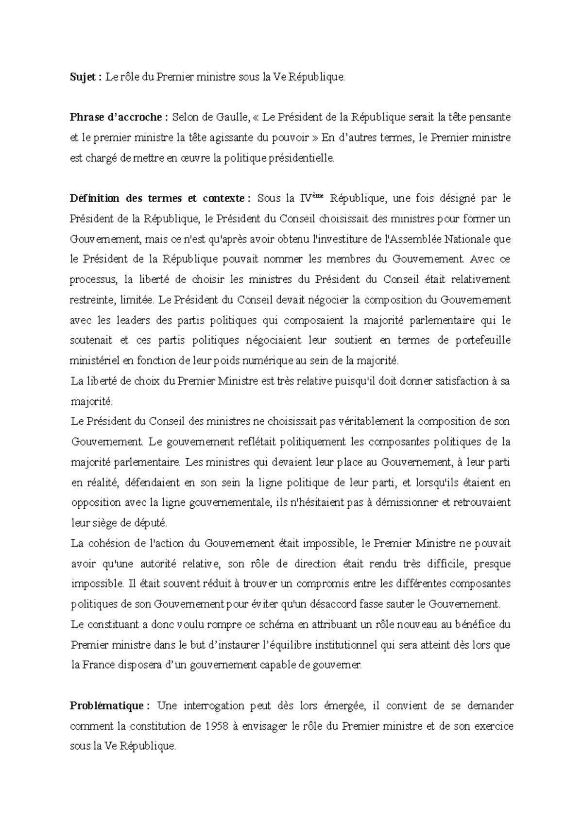 Le rôle du Premier ministre sous la Ve République - Phrase d’accroche ...