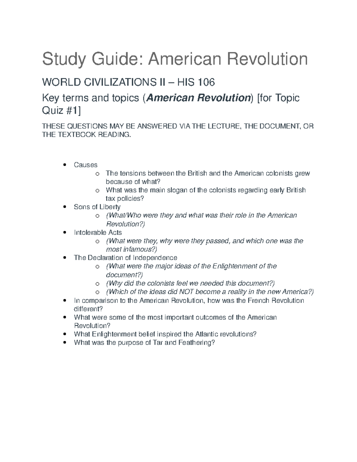 Revolution study guide - Study Gui de: Amer ican Revol ution WORLD ...