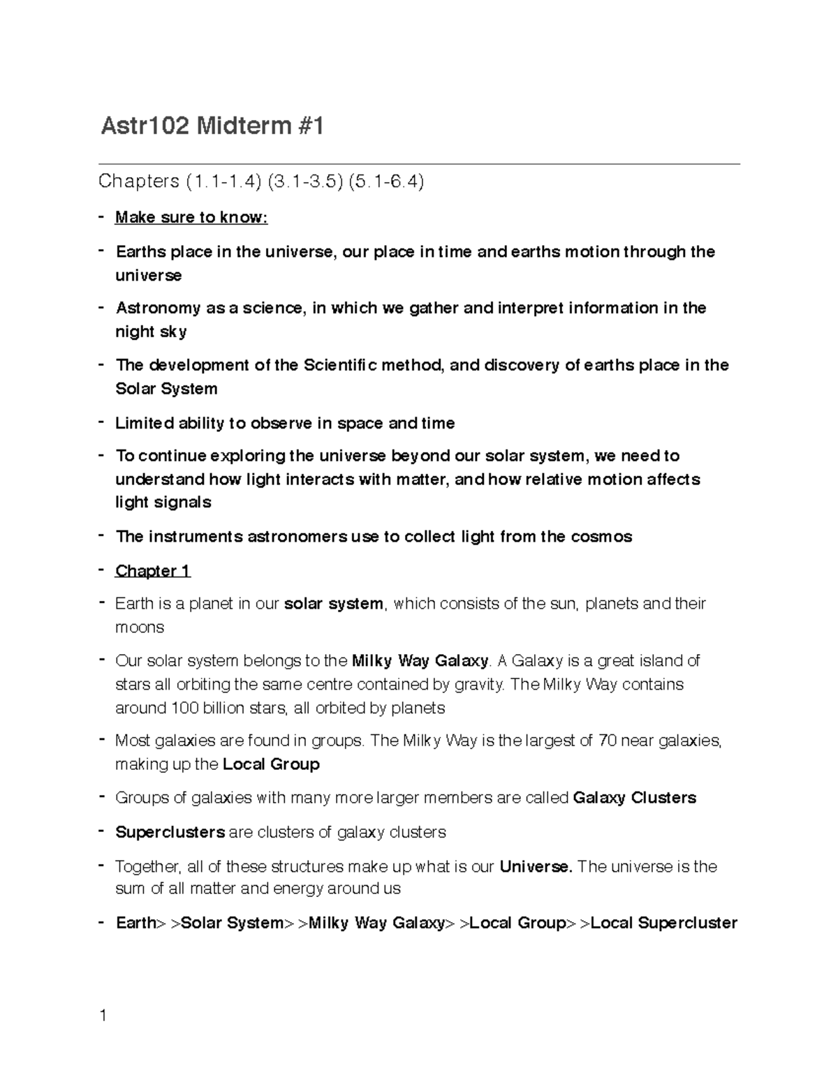 Astr102 Midterm #1 Notes - Astr102 Midterm Chapters (1.1-1) (3.1-3) (5. ...