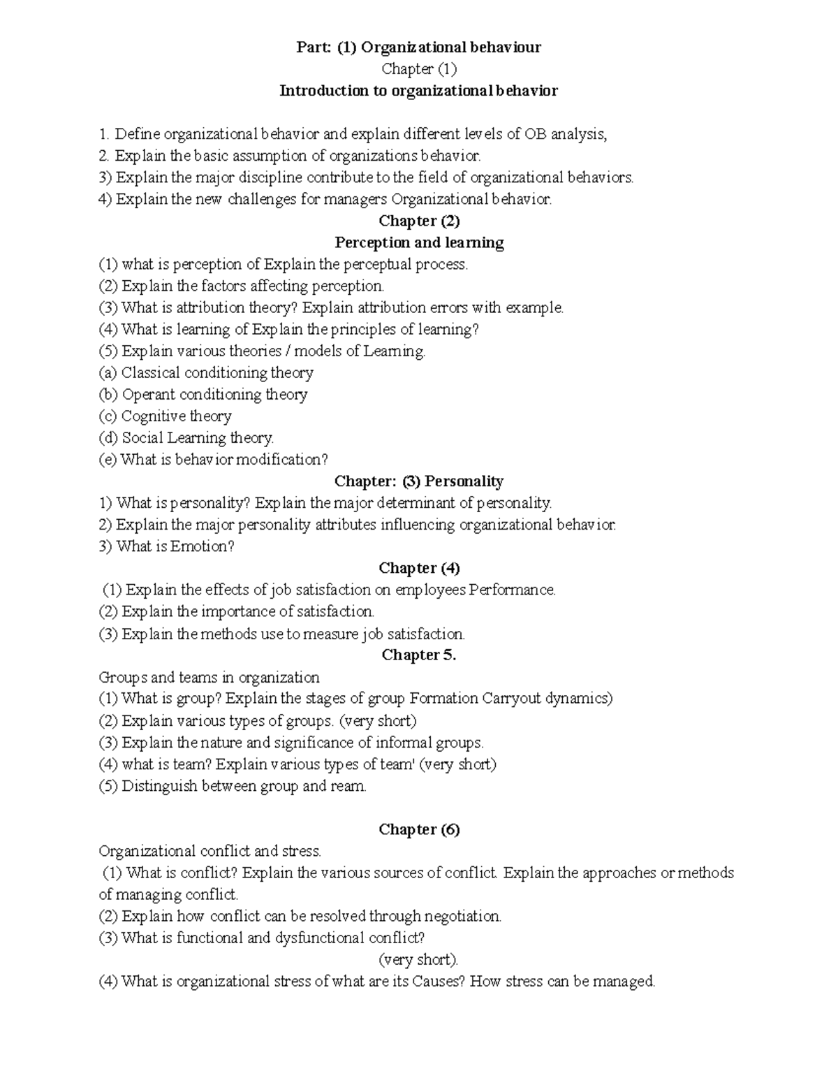 Part - New - Part: (1) Organizational behaviour Chapter (1 ...