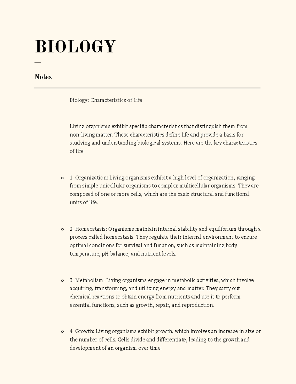 Characteristics of Life - BIOLOGY ___ Notes Biology: Characteristics of ...