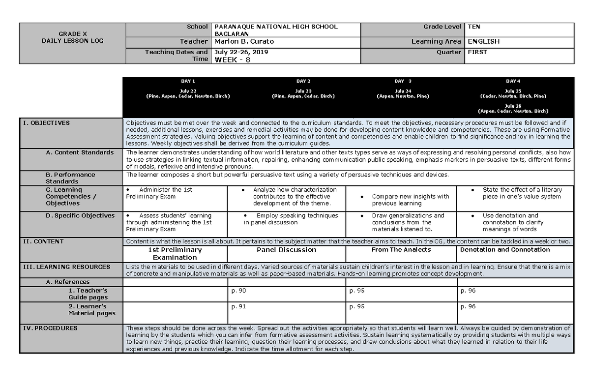 Week-8 - Daily lesson plan Log - GRADE X DAILY LESSON LOG School ...