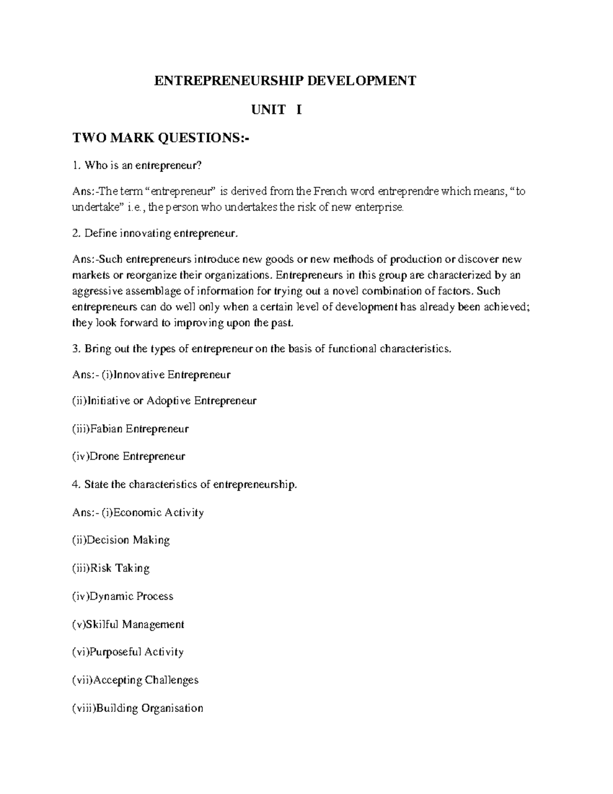 ED 2marks - ENTREPRENEURSHIP DEVELOPMENT UNIT I TWO MARK QUESTIONS ...