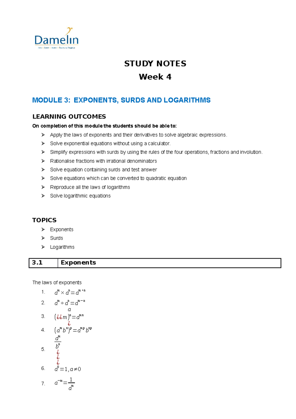 EXPONENTS, SURDS AND LOGARITHMS - STUDY NOTES Week 4 MODULE 3 ...