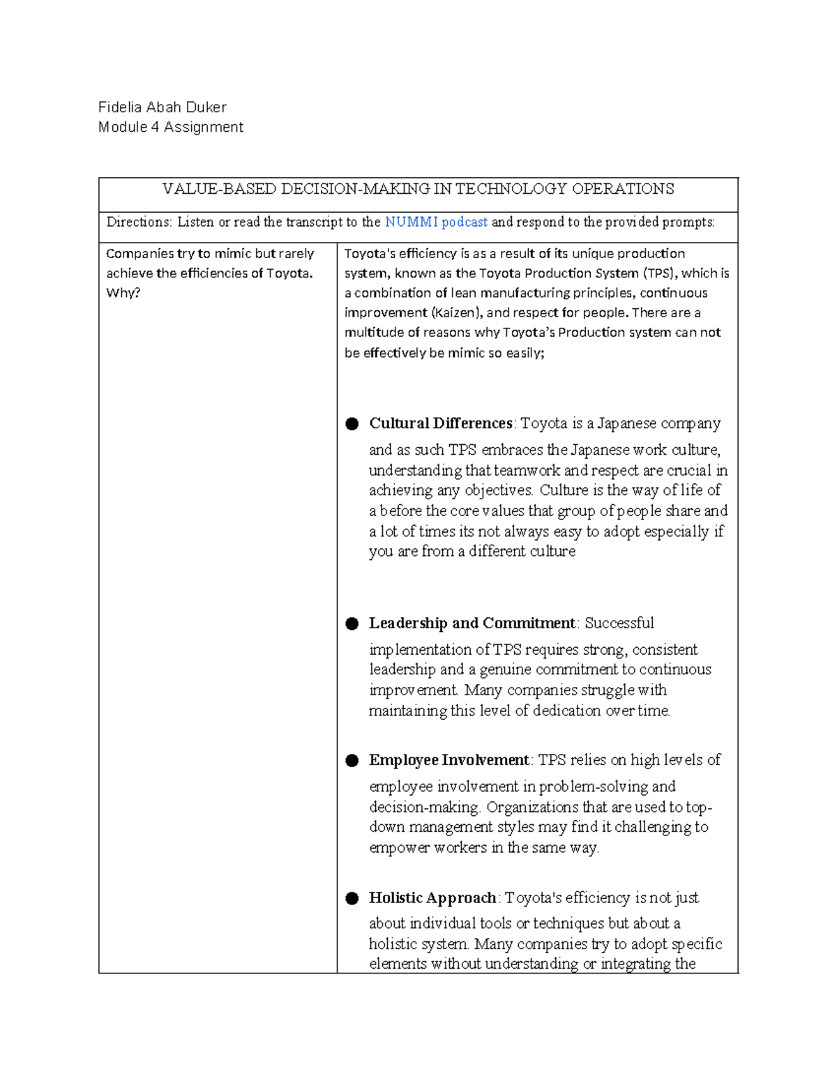Module 4 assignment-1 - Fidelia Abah Duker Module 4 Assignment VALUE-BASED DECISION-MAKING IN ...
