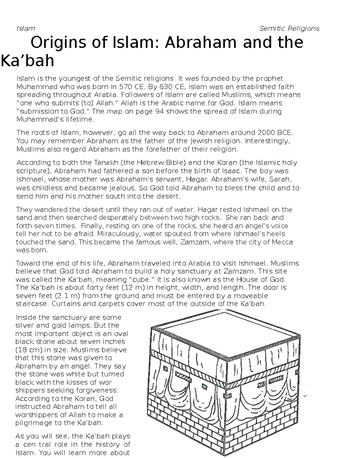Origins of Islam Abraham and the Ka'bah - Islam Semitic Religions Origins of Islam: Abraham and ...