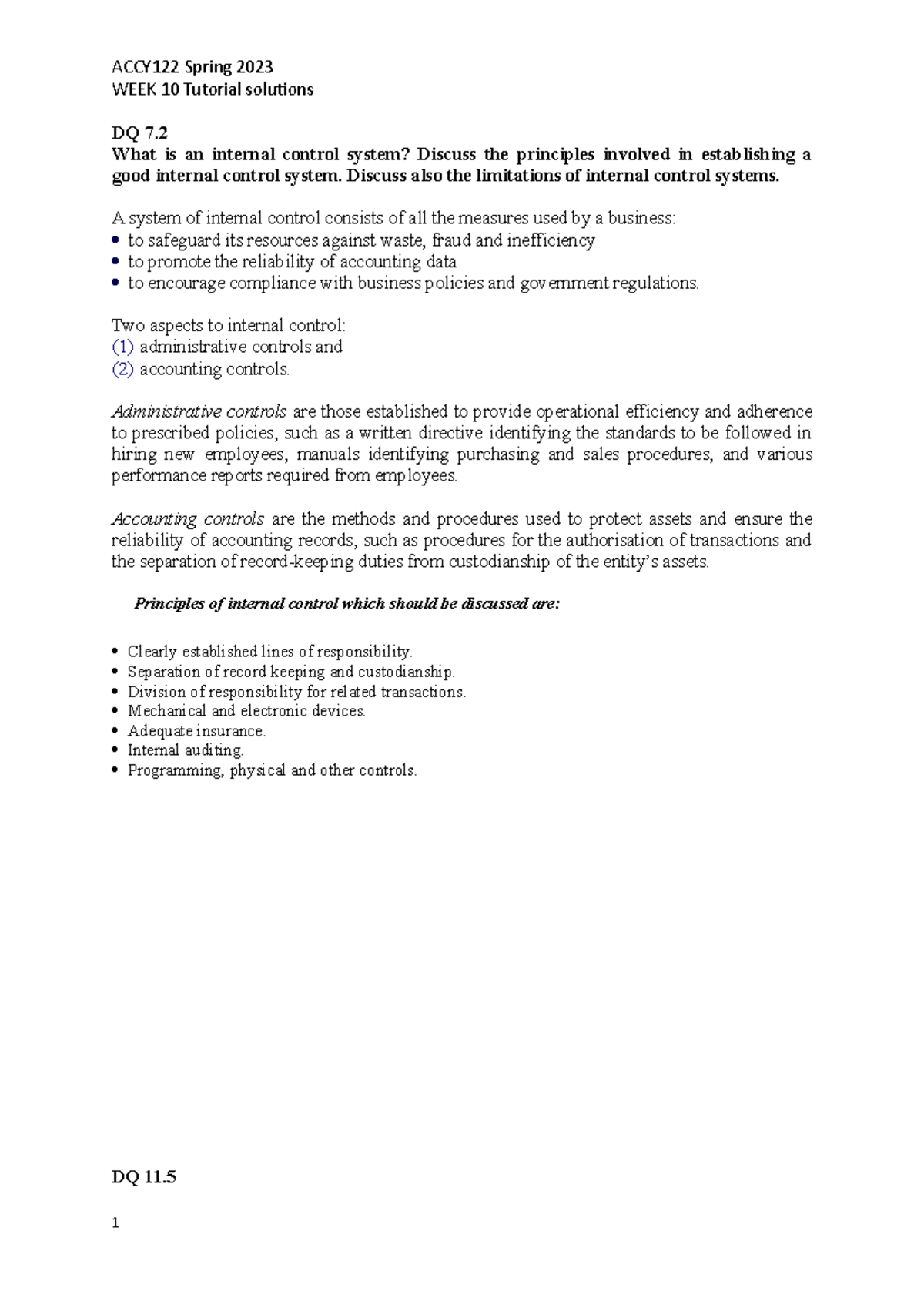 ACCY 122 Spring 2023 Week 10 tutorial solutions - WEEK 10 Tutorial solutions DQ 7. What is an ...