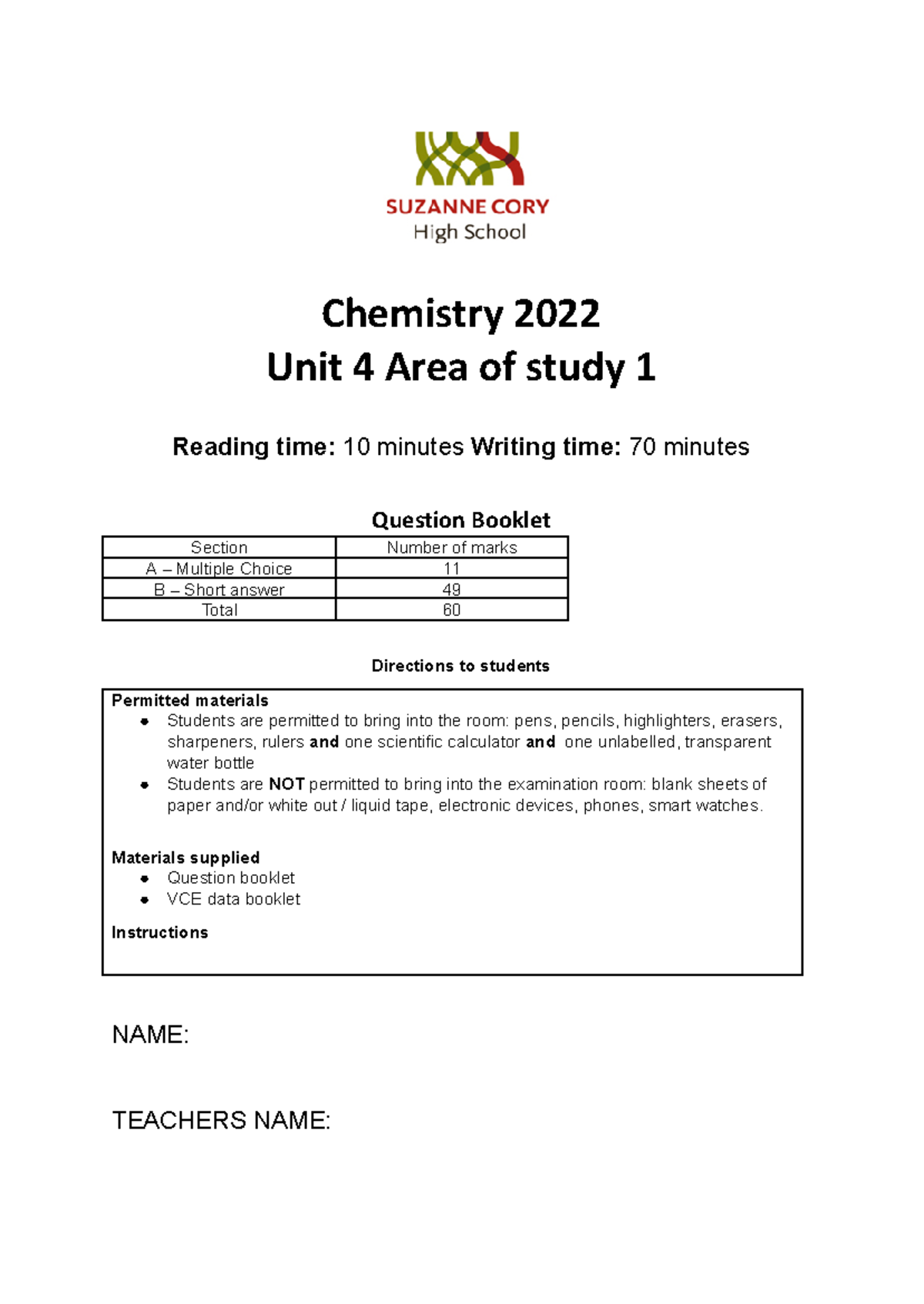 2022 Organic SAC - Chemistry 2022 Unit 4 Area of study 1 Reading time ...