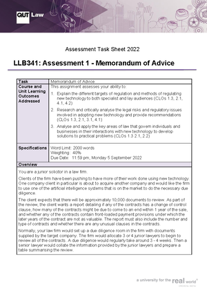 Task Sheet and CRA (LLB341) - Assessment Task Sheet 2022 LLB341 ...