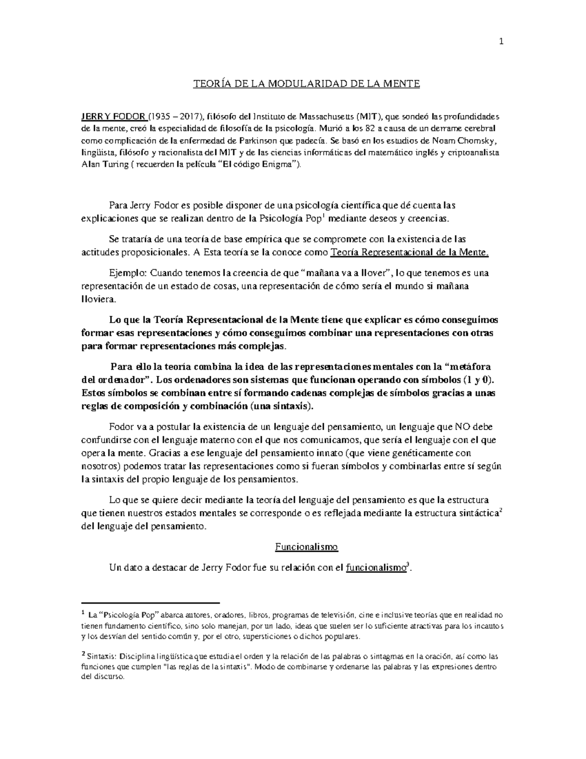 Fodor - Modularidad DE LA Mente - 1 TEORÍA DE LA MODULARIDAD DE LA ...