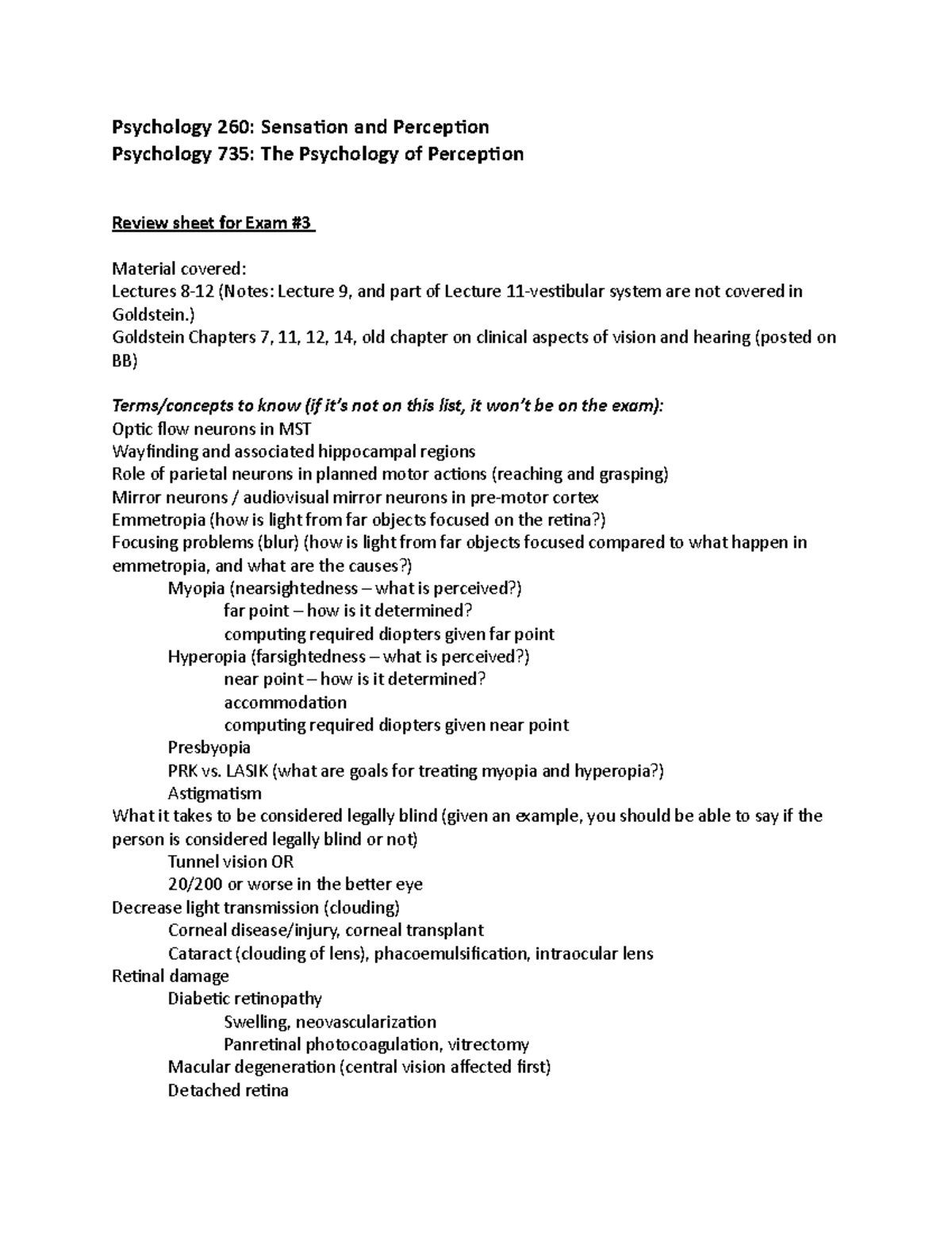 Exam 3 Review Sheet - Psychology 260: Sensation and Perception ...