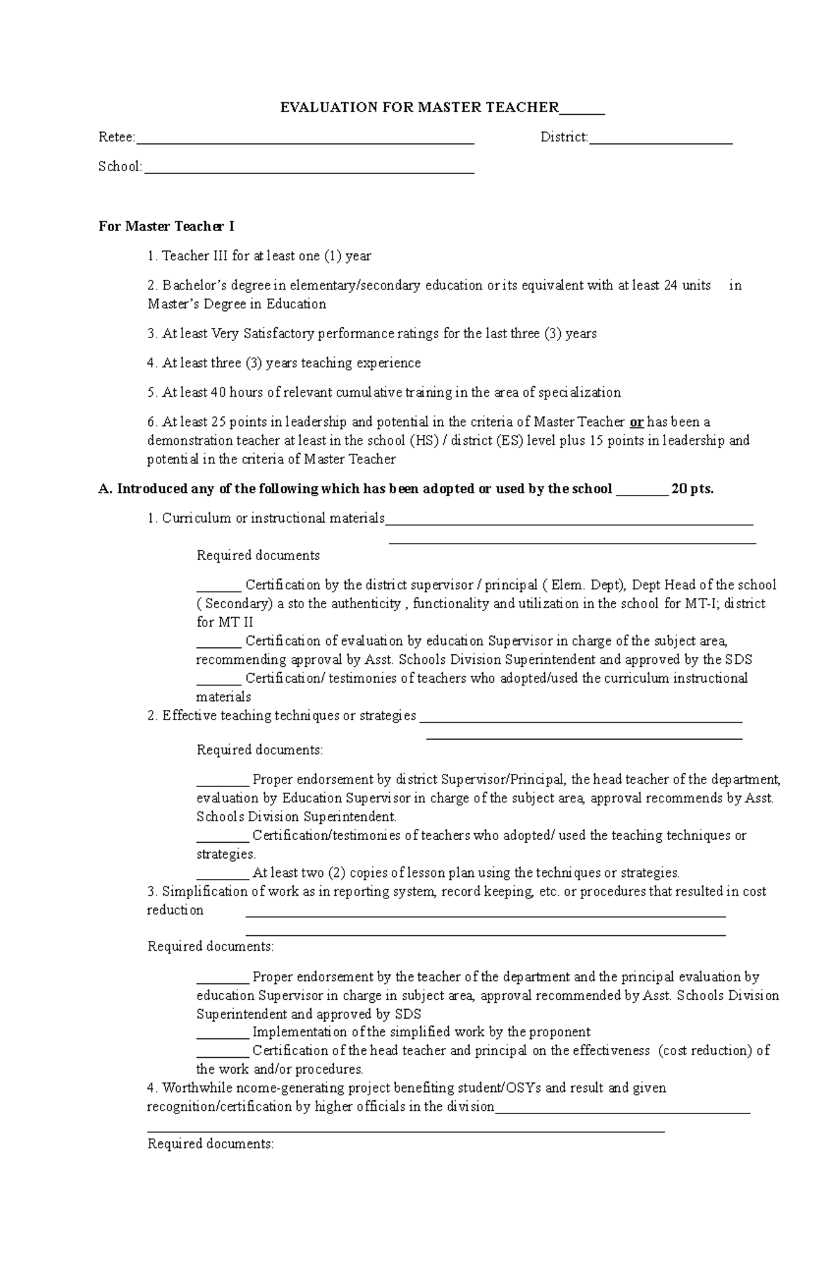 Evaluation FOR Master Teacher - EVALUATION FOR MASTER TEACHER ...