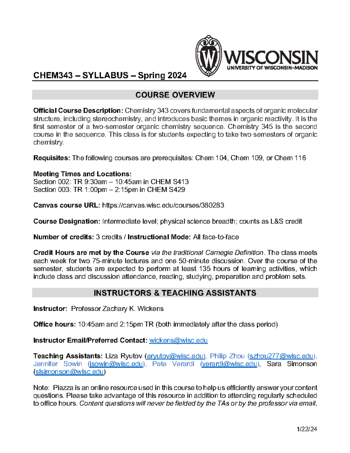 Syllabus 343-24-Wickens - CHEM343 – SYLLABUS – Spring 20 24 COURSE ...