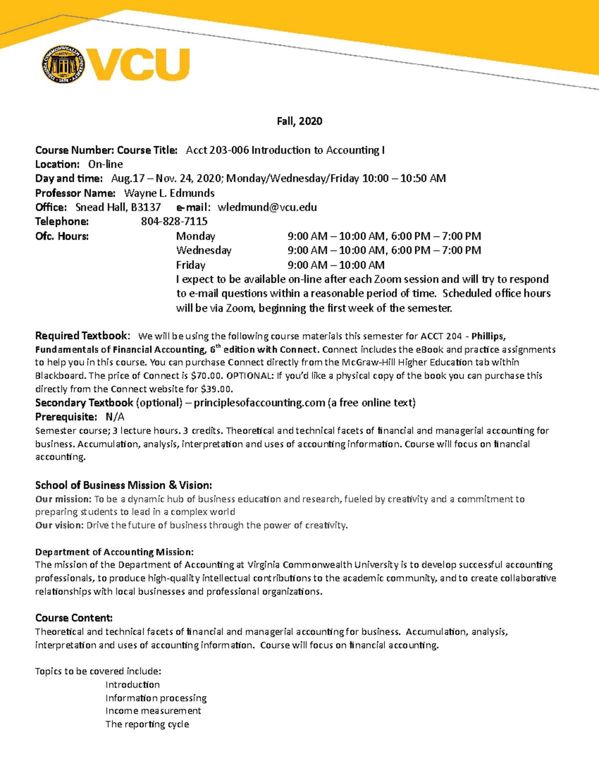 Syllabus Acct 203 Fall 2020 Revised - Fall, 2020 Course Number: Course ...