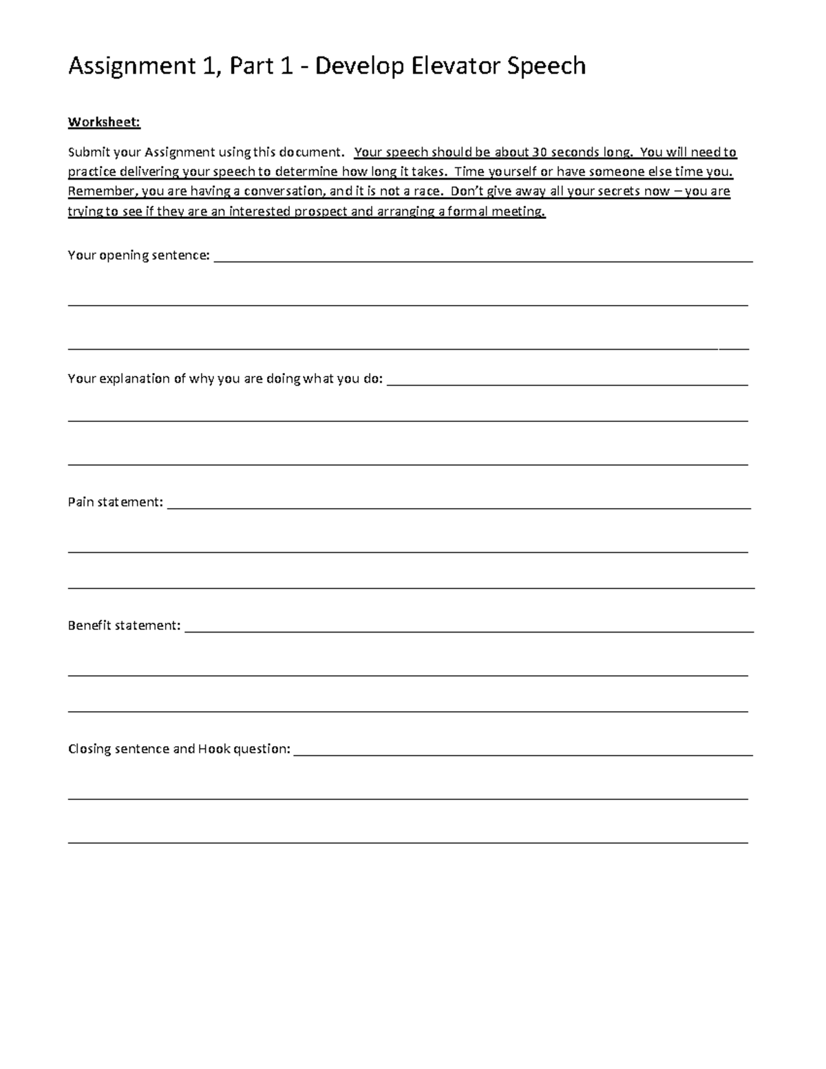 30 Second Elevator Pitch Part 1 Worksheet and Rubric only - Assignment ...