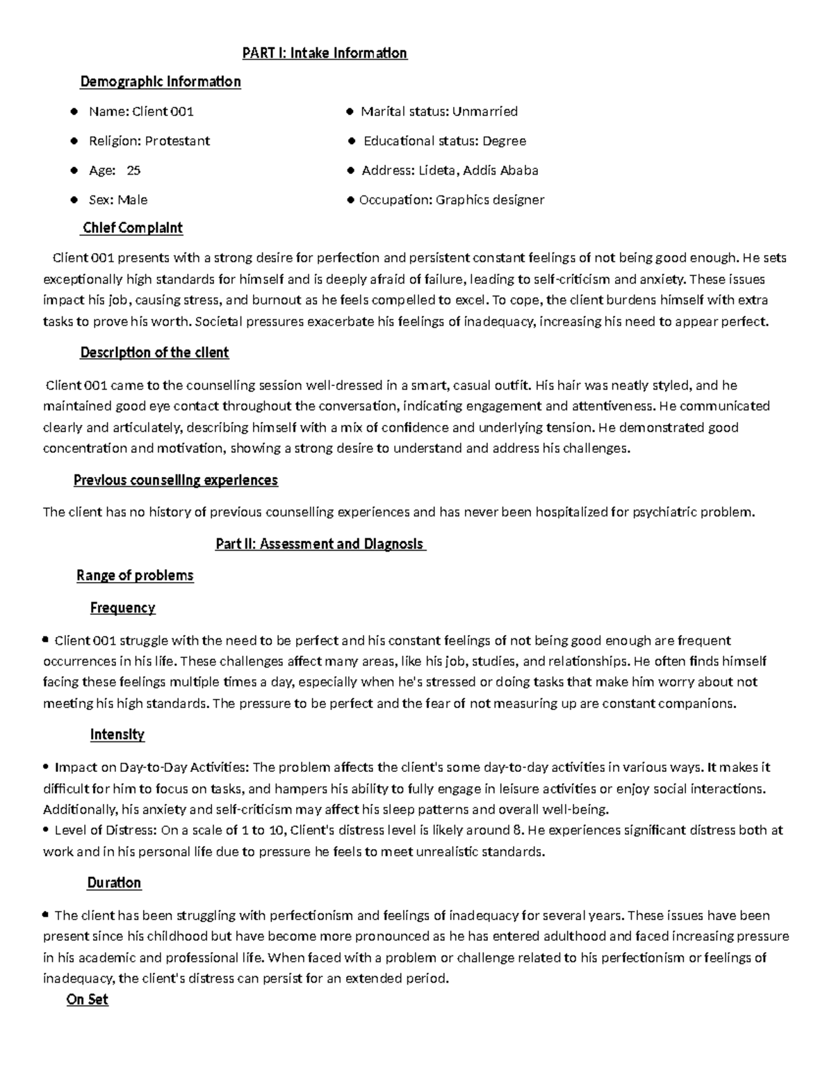 Case presentation - case - PART I: Intake Information Demographic ...