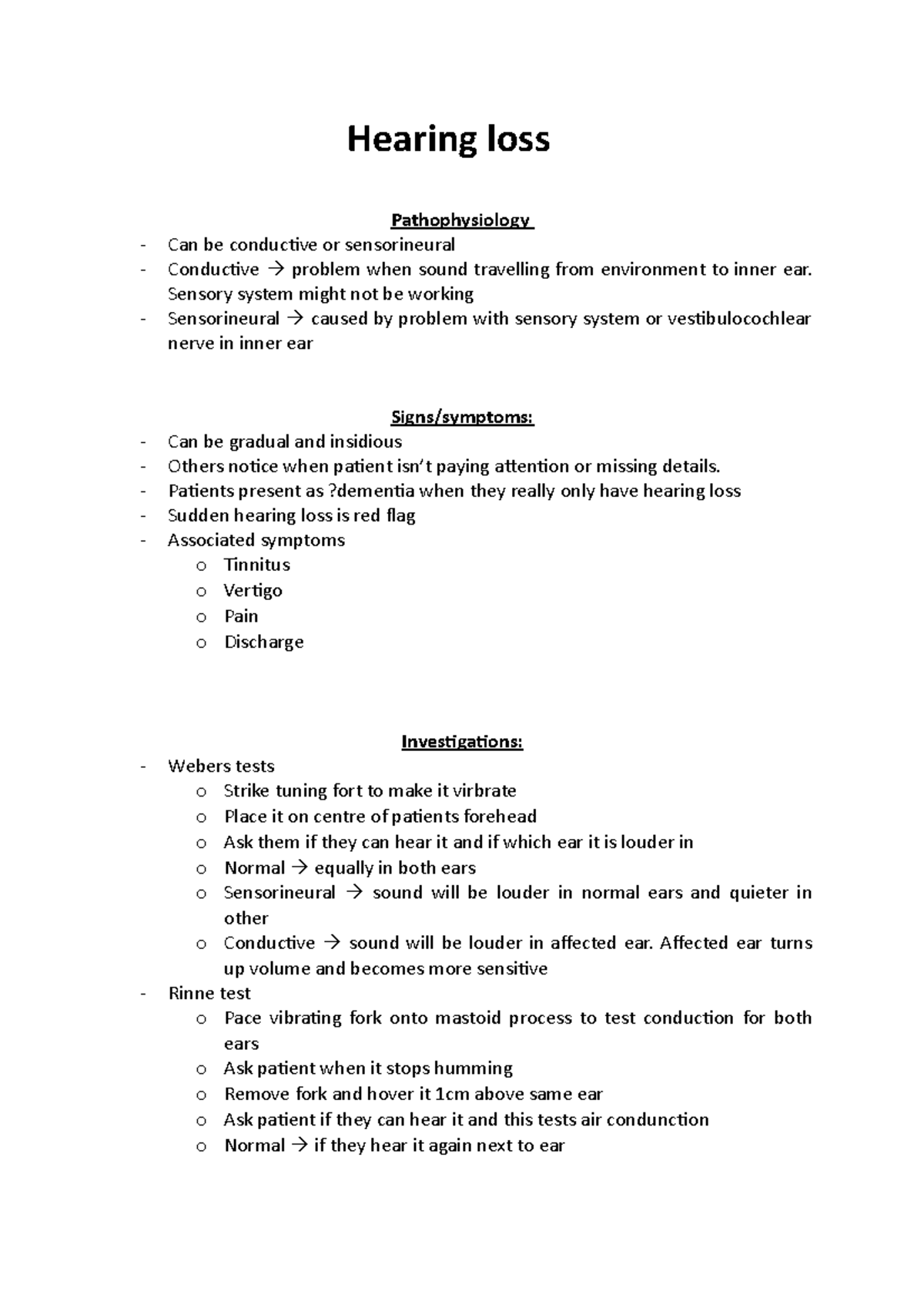 Hearing loss notes - Hearing loss Pathophysiology Can be conductive or ...
