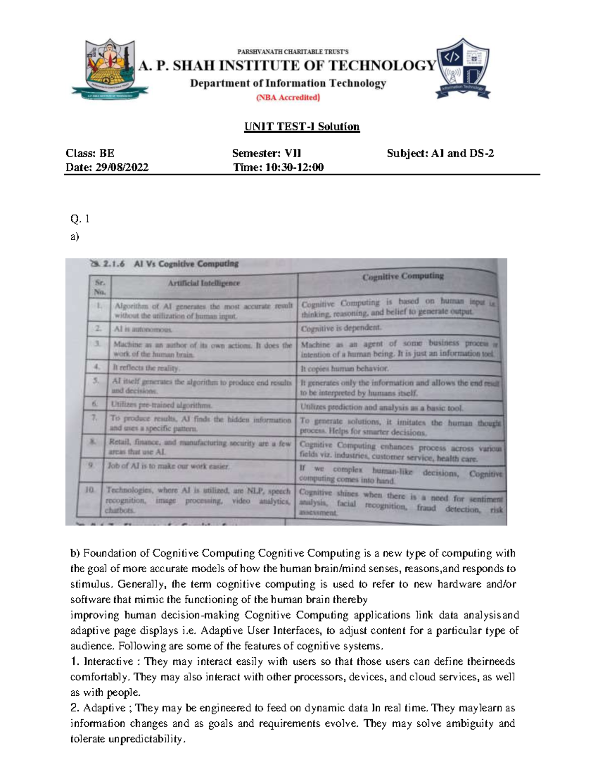 UT1 Solution - Answers - UNIT TEST-I Solution Class: BE Semester: VII ...