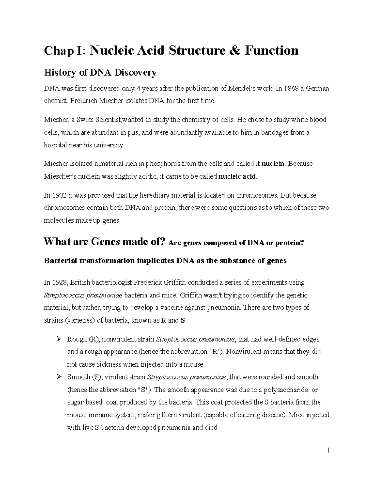 Chapter I Nucleic Acid Structure Function - Chap I: Nucleic Acid Structure & Function History of ...