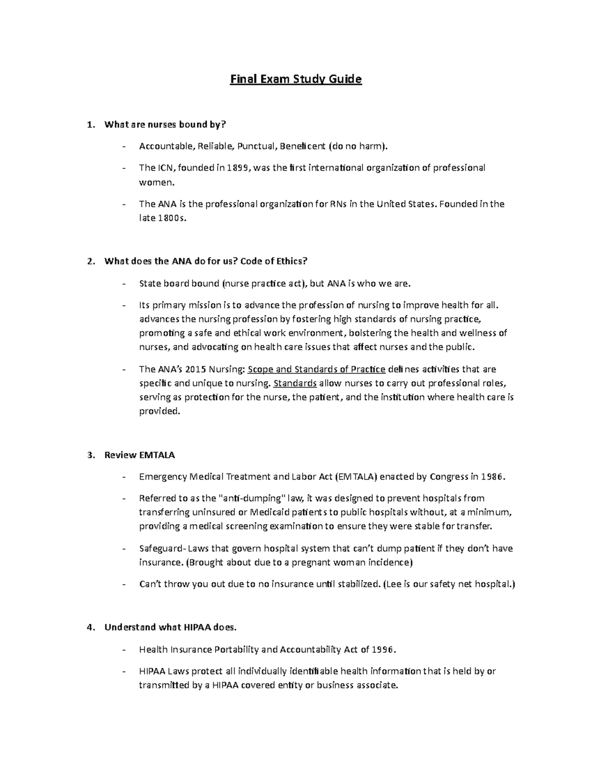 Final Exam Review - Notes - Final Exam Study Guide What are nurses ...
