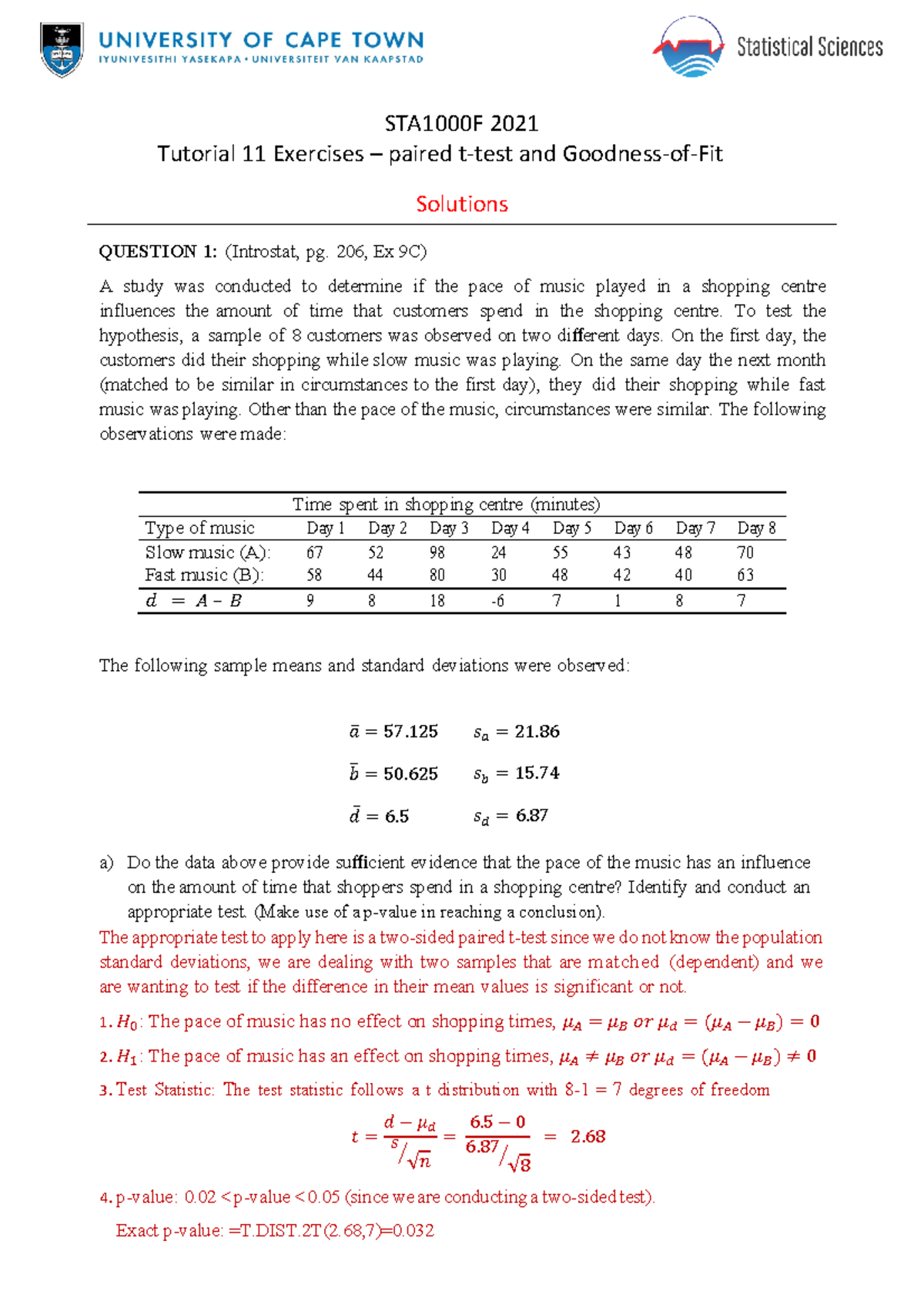 STA1000F 2021 Week 11 Tutorial exercises - STA1000F 2021 Tutorial 11 ...