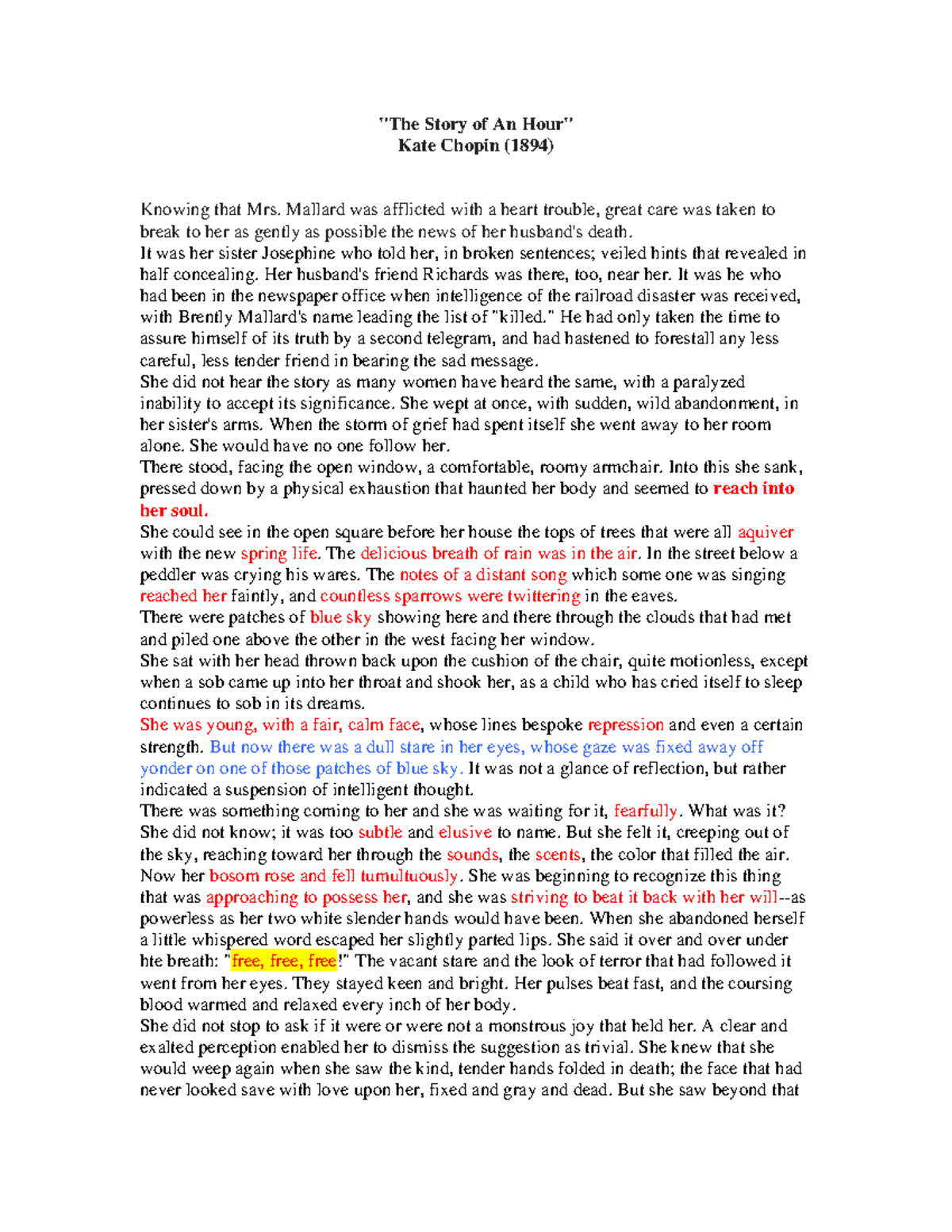 April notes on The Story of An Hour - "The Story of An Hour" Kate ...