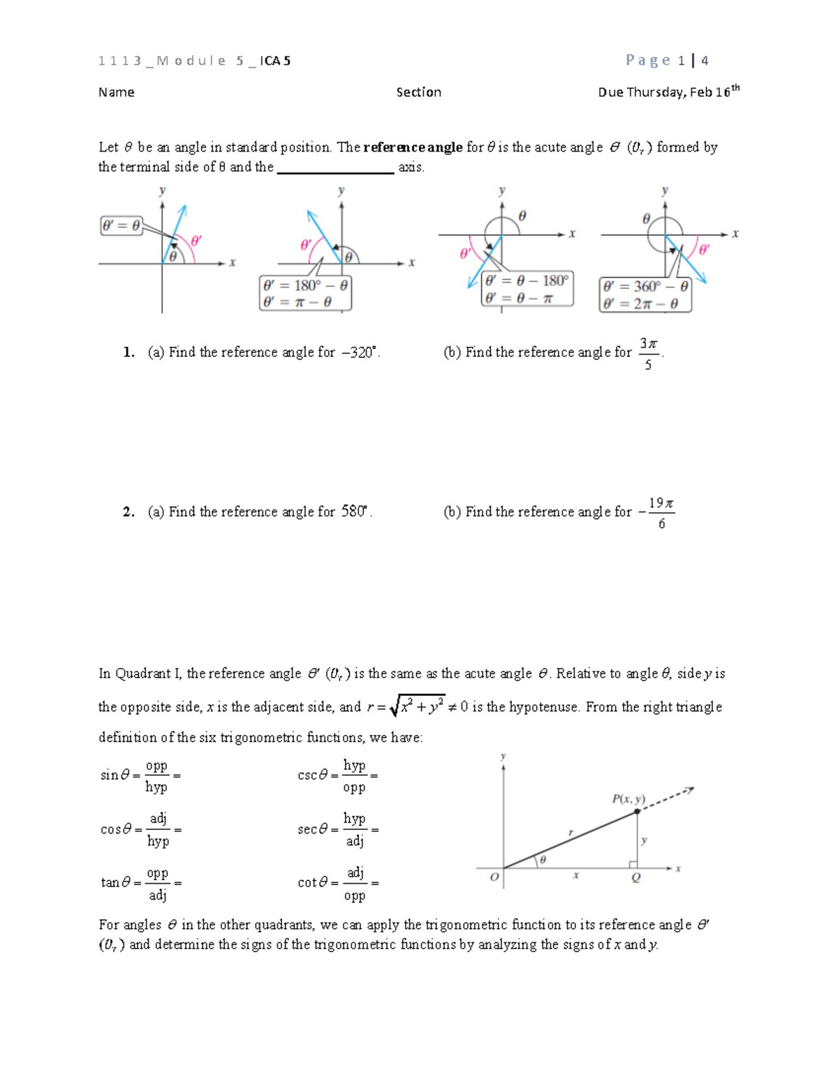 1113 Mod 5 ICA 5 Due R6 Feb 16th - Name Section Due Thursday, Feb 16 th ...