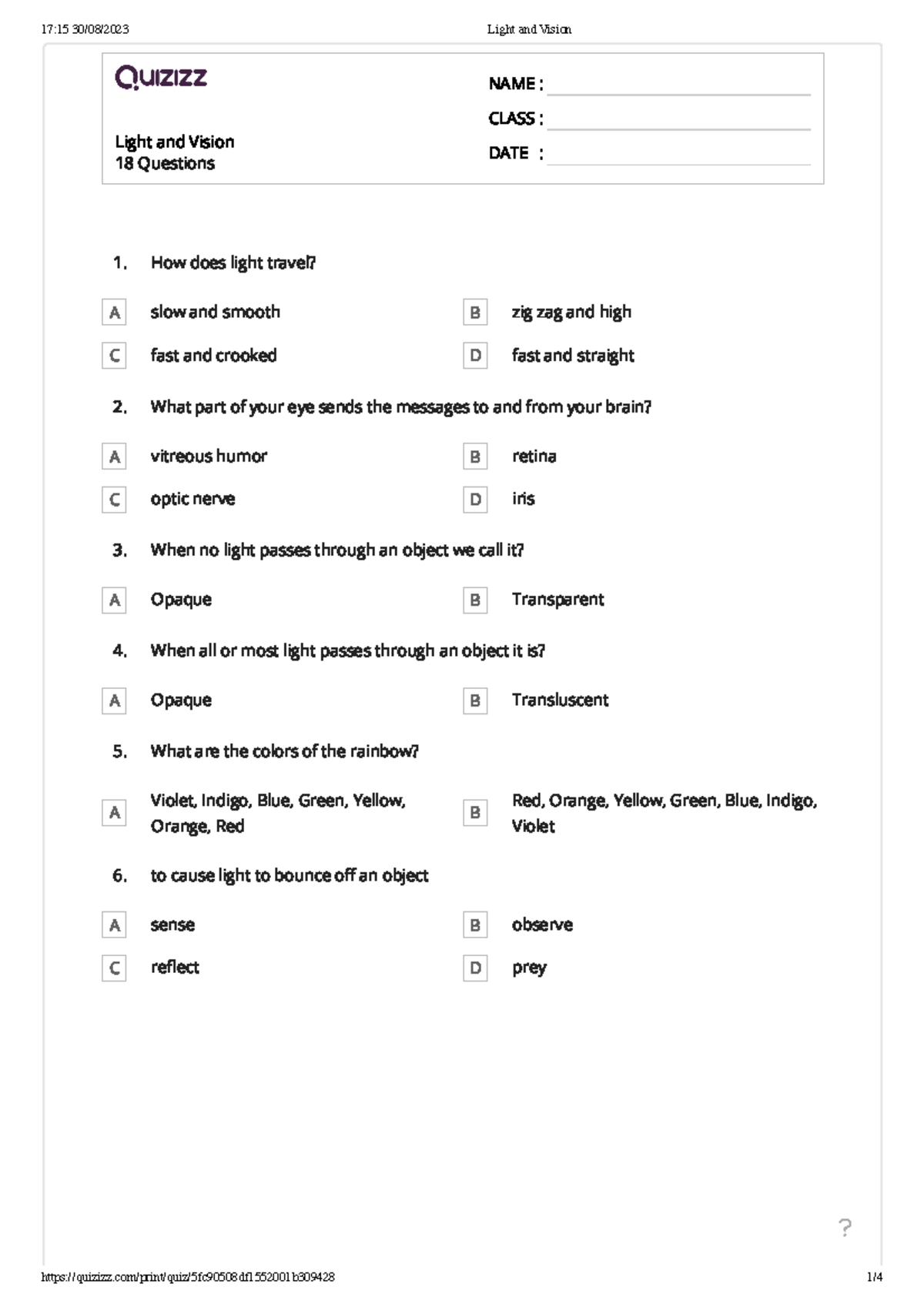 Light and Vision - .nnnnnnnnn - Light and Vision 18 Questions NAME ...