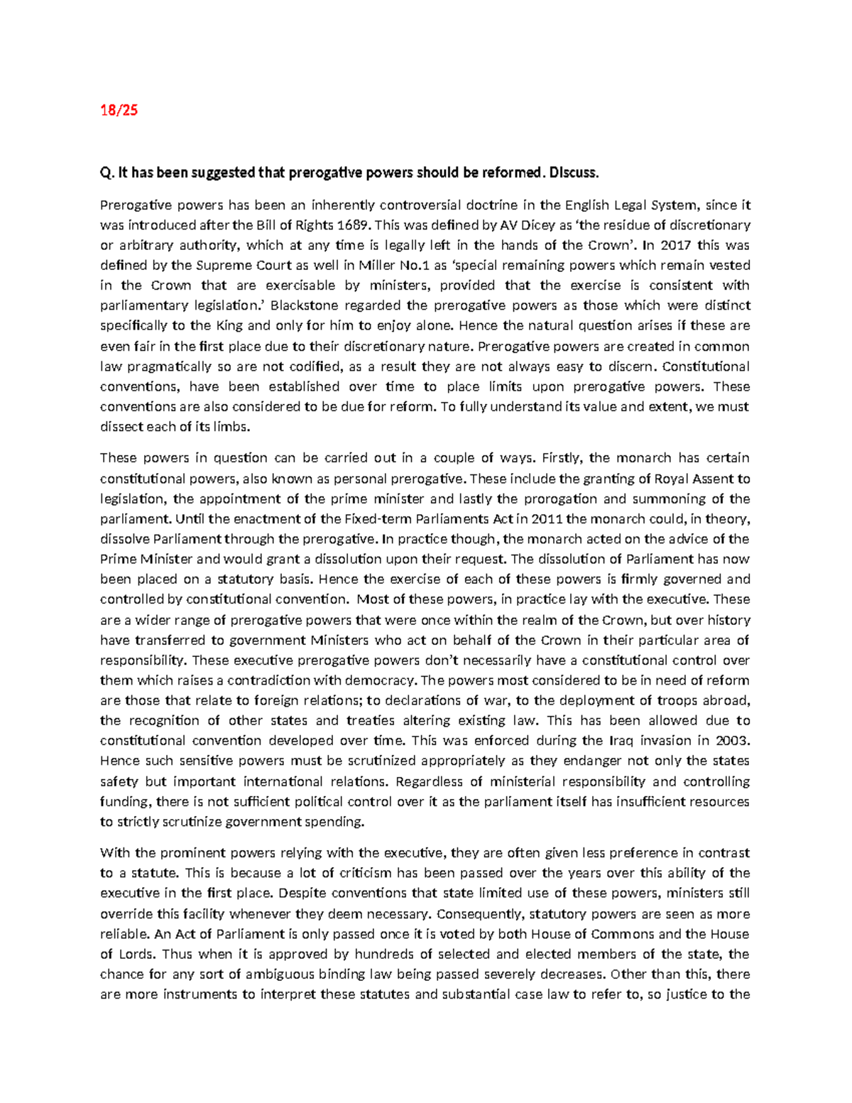 Prerogative essay - 18/ Q. It has been suggested that prerogative ...