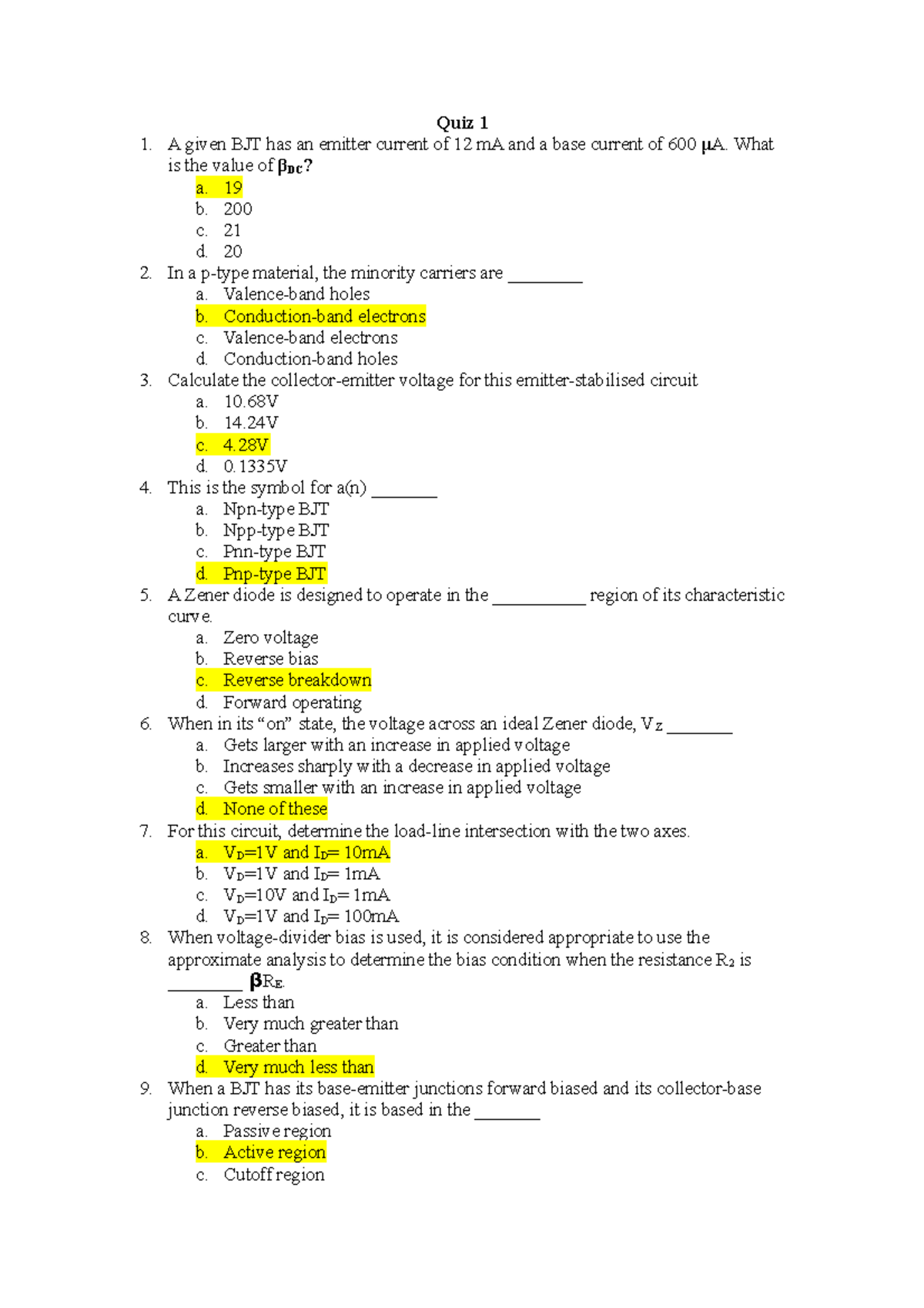 Electronics - Quiz 1 - Quiz 1 A given BJT has an emitter current of 12 ...