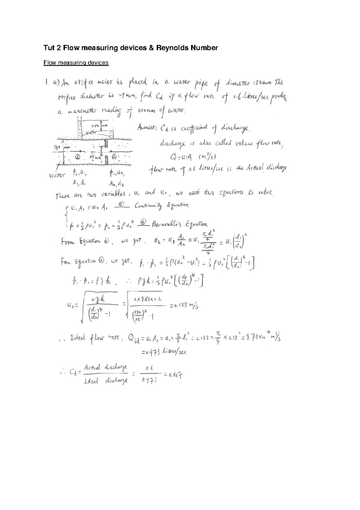 Flow measuring & Reynolds Solutions - Tut 2 Flow measuring devices ...
