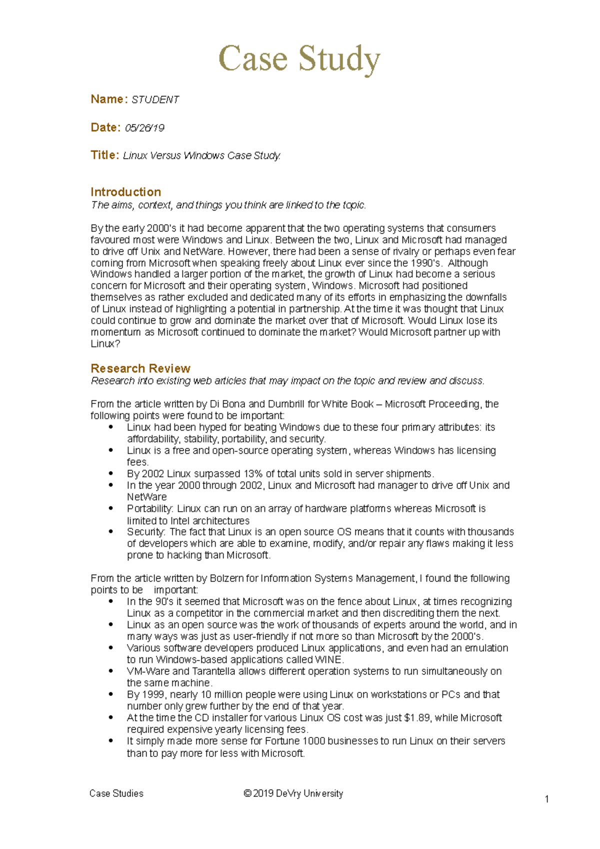 SAI440 Week 3 Case Study - Case Study Name: STUDENT Date: Title: Linux ...