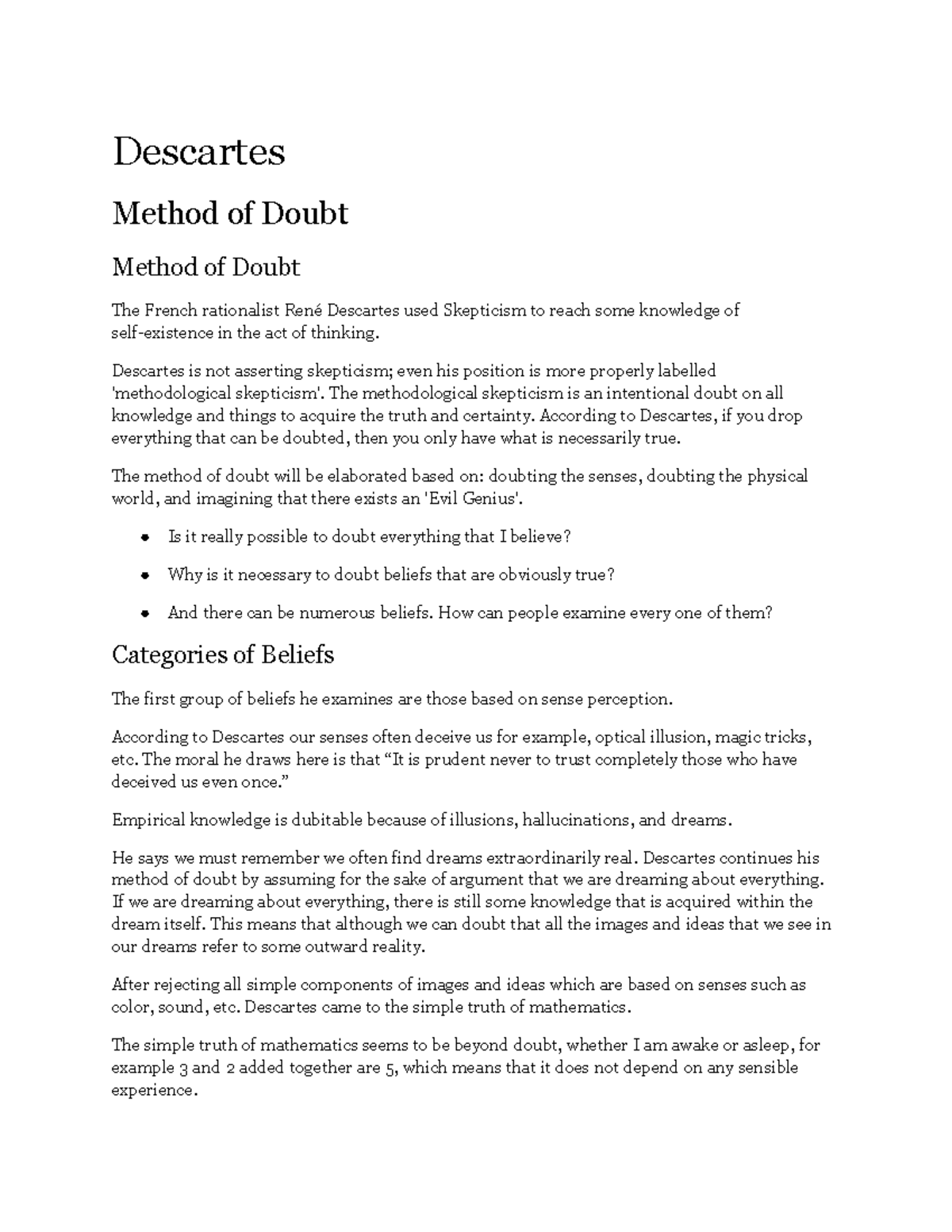 Rationalism - Summary Philosophy Honours - Descartes Method of Doubt ...