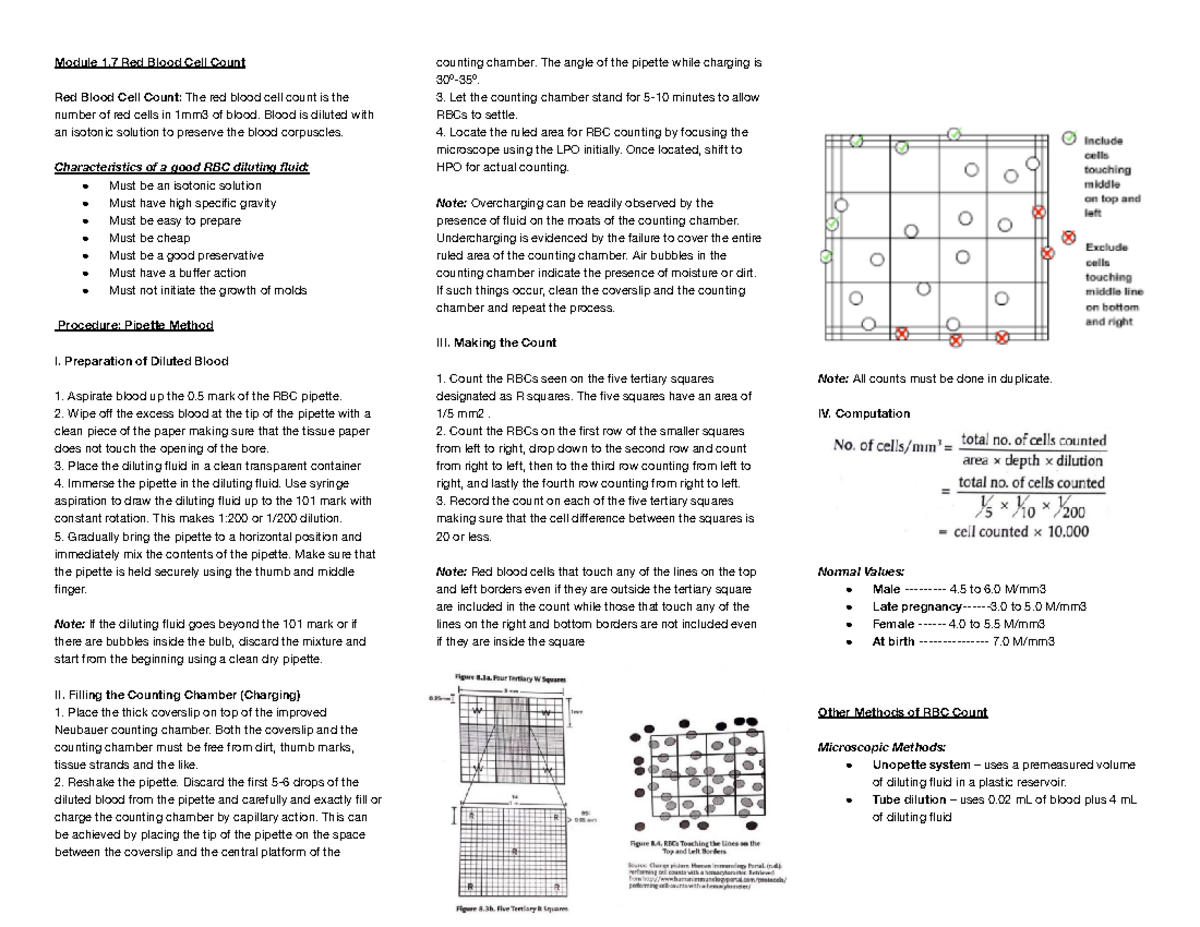 HEMA LAB Semis Notes Module 1 Red Blood Cell Count Red Blood Cell